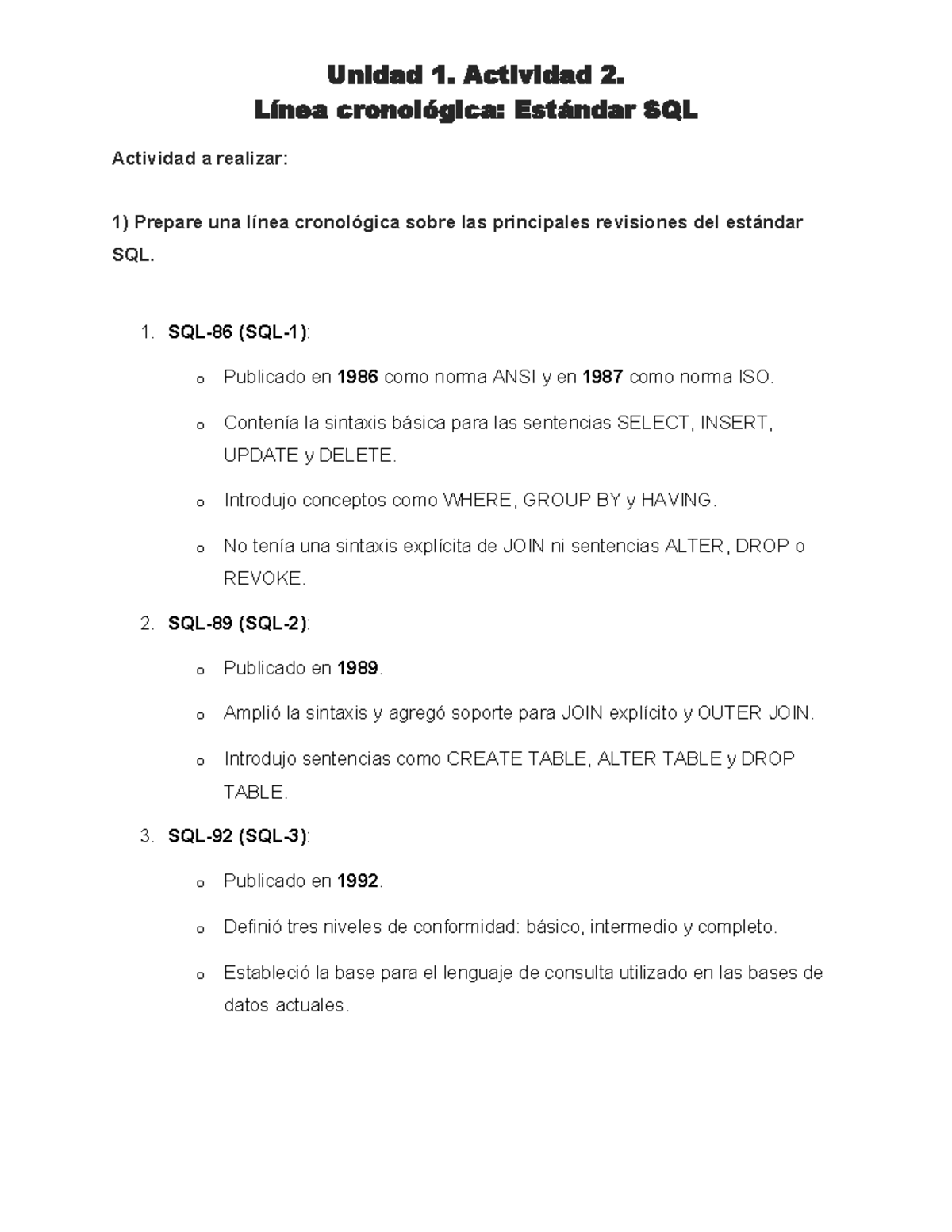 SQL-Base de Datos: Línea Cronológica del Estándar SQL - Studocu