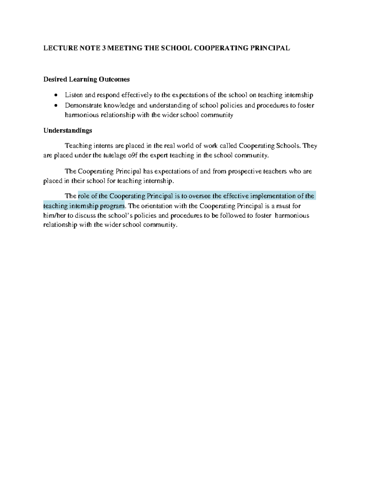 EDUC 10 Lecture Note 3: Engaging with the Cooperating Principal - Studocu