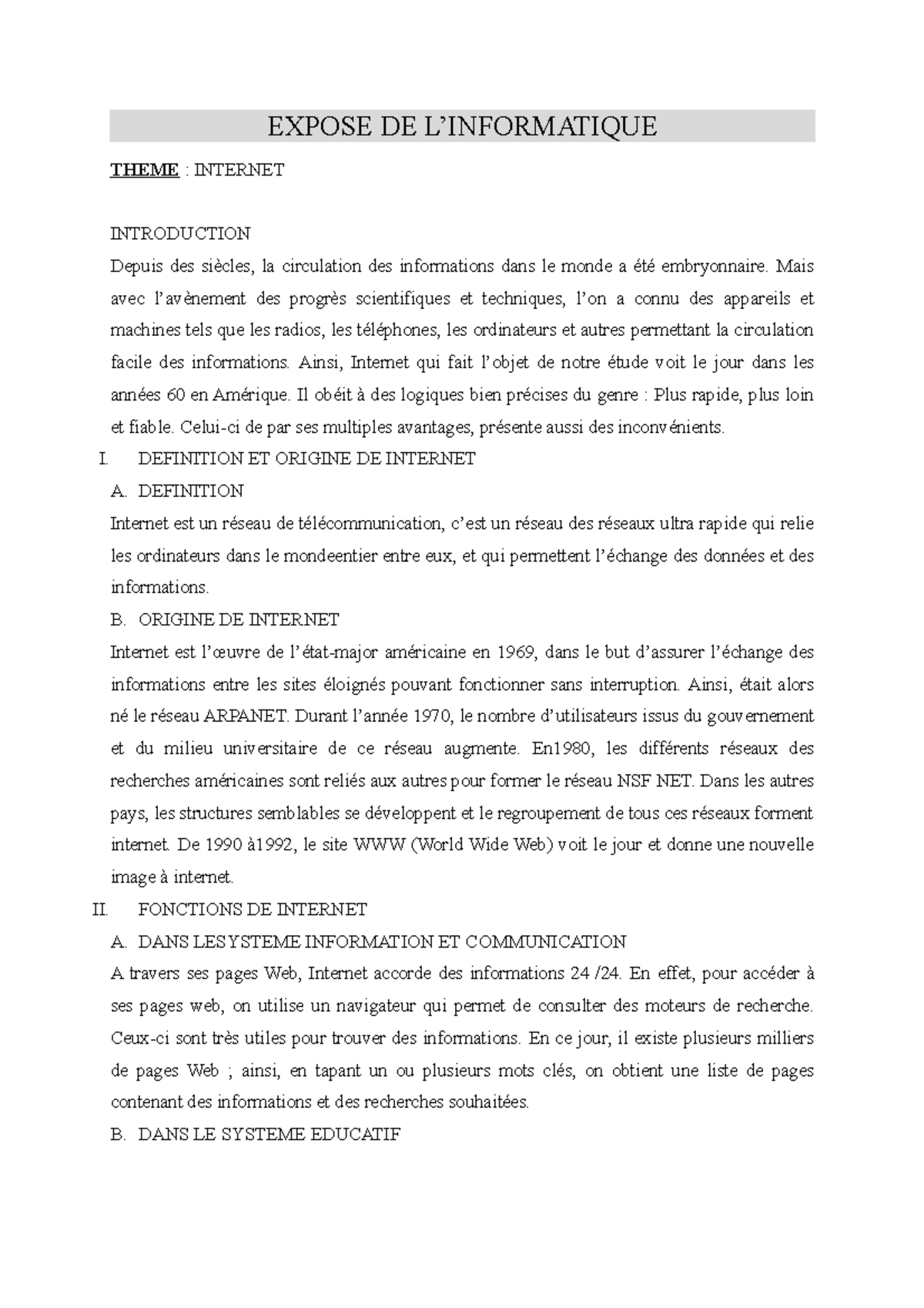 Exposé sur l'Internet : Avantages et Inconvénients - Informatique - Studocu