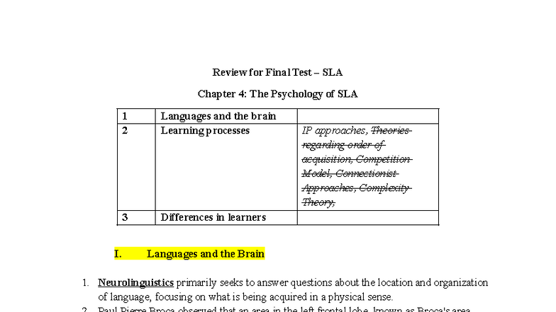 SLA 101: Final Test Review - Chapter 4 on Psychology of SLA - Studocu