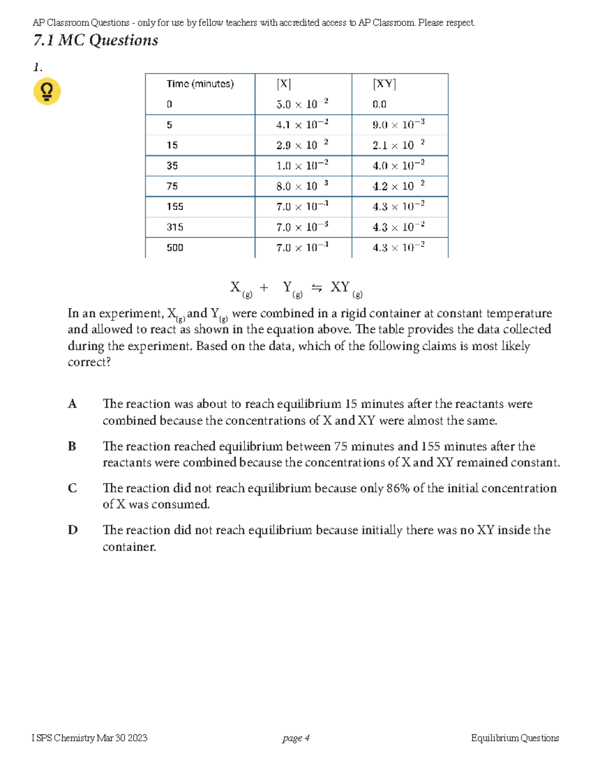 AP Chemistry Unit 7 Equilibrium Practice Problems - Studocu