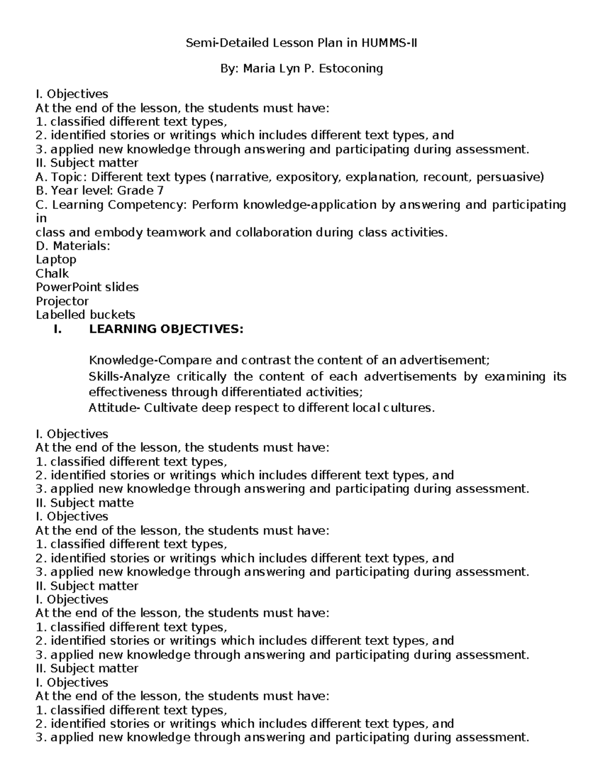 Semi-Detailed Lesson Plan (LP-MA): Exploring Text Types in HUMMS-II ...