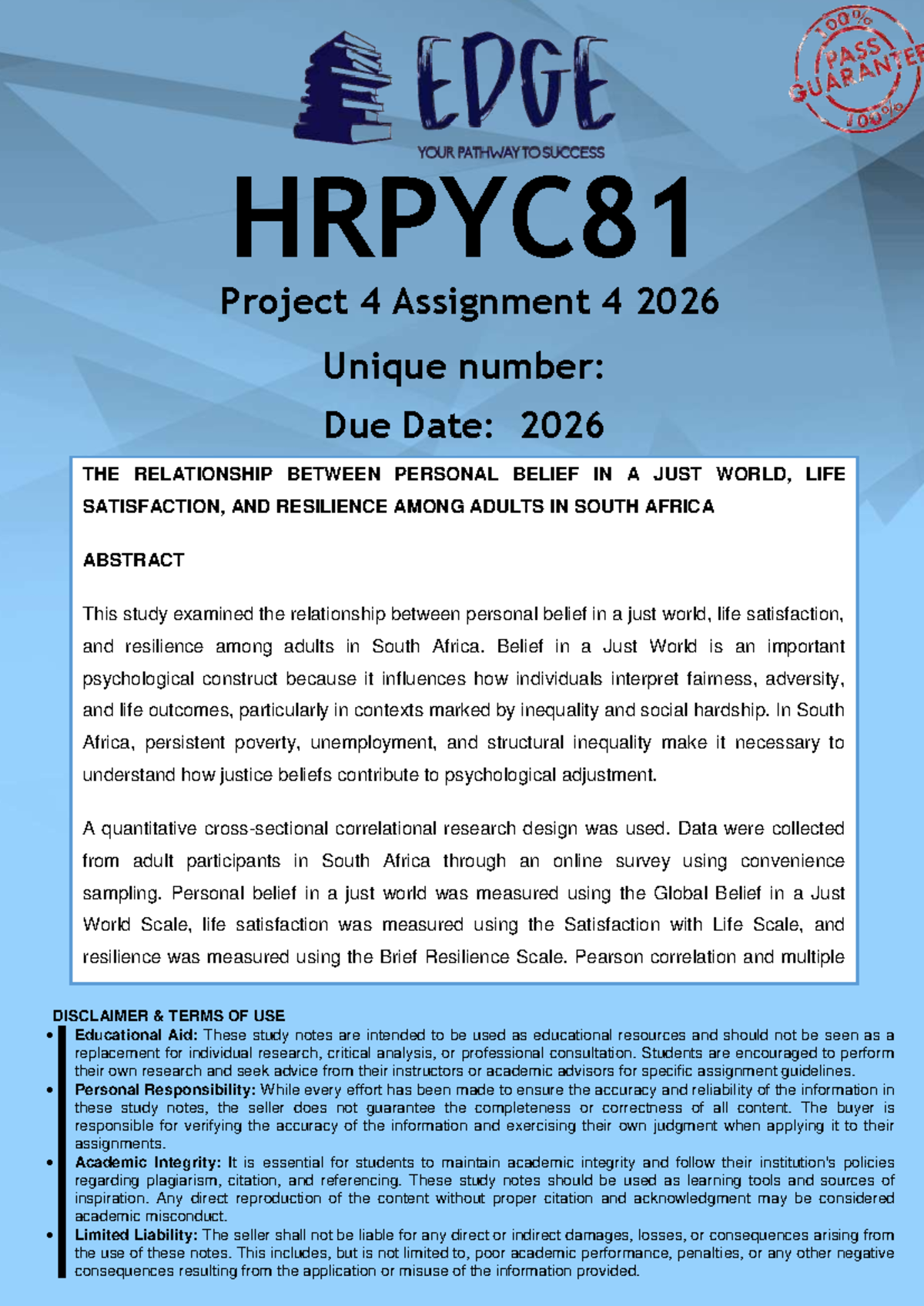 HRPYC81 Project 4 Research Report 2026: Belief in a Just World ...
