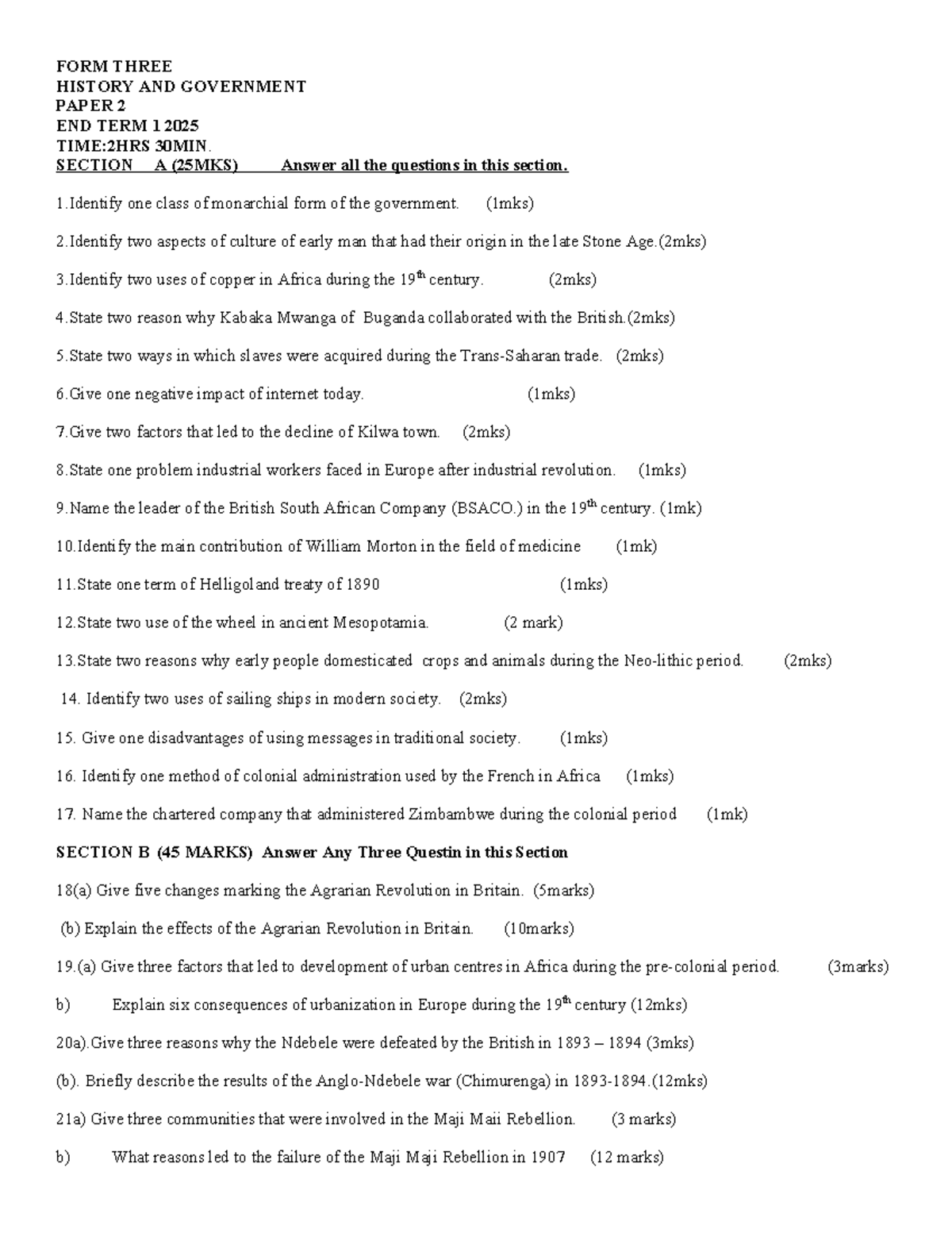 Colonial administration - FORM THREE HISTORY AND GOVERNMENT PAPER 2 END ...
