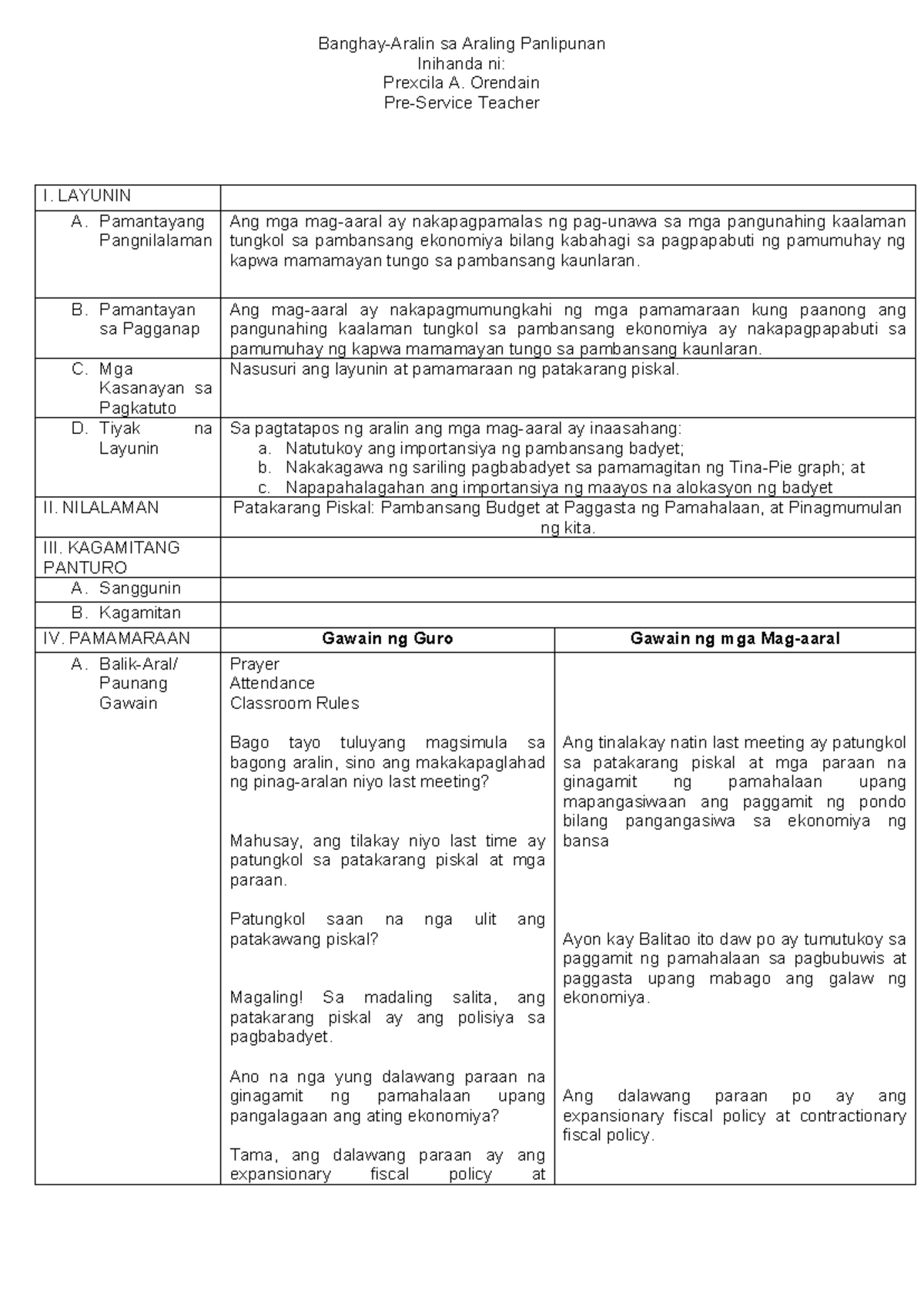 Banghay-Aralin: Patakarang Piskal sa Araling Panlipunan (DLP) - Studocu