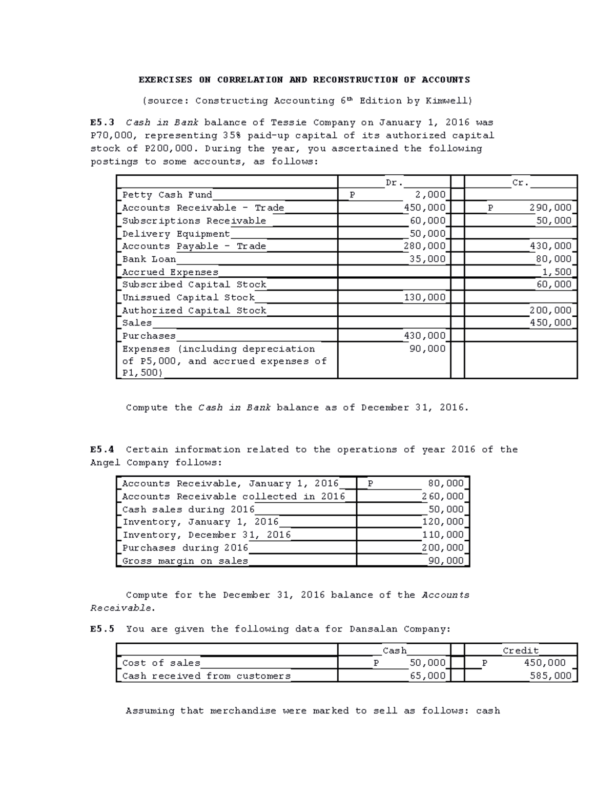 Exercises on Correlation & Reconstruction of Accounts for ACCT101 - Studocu