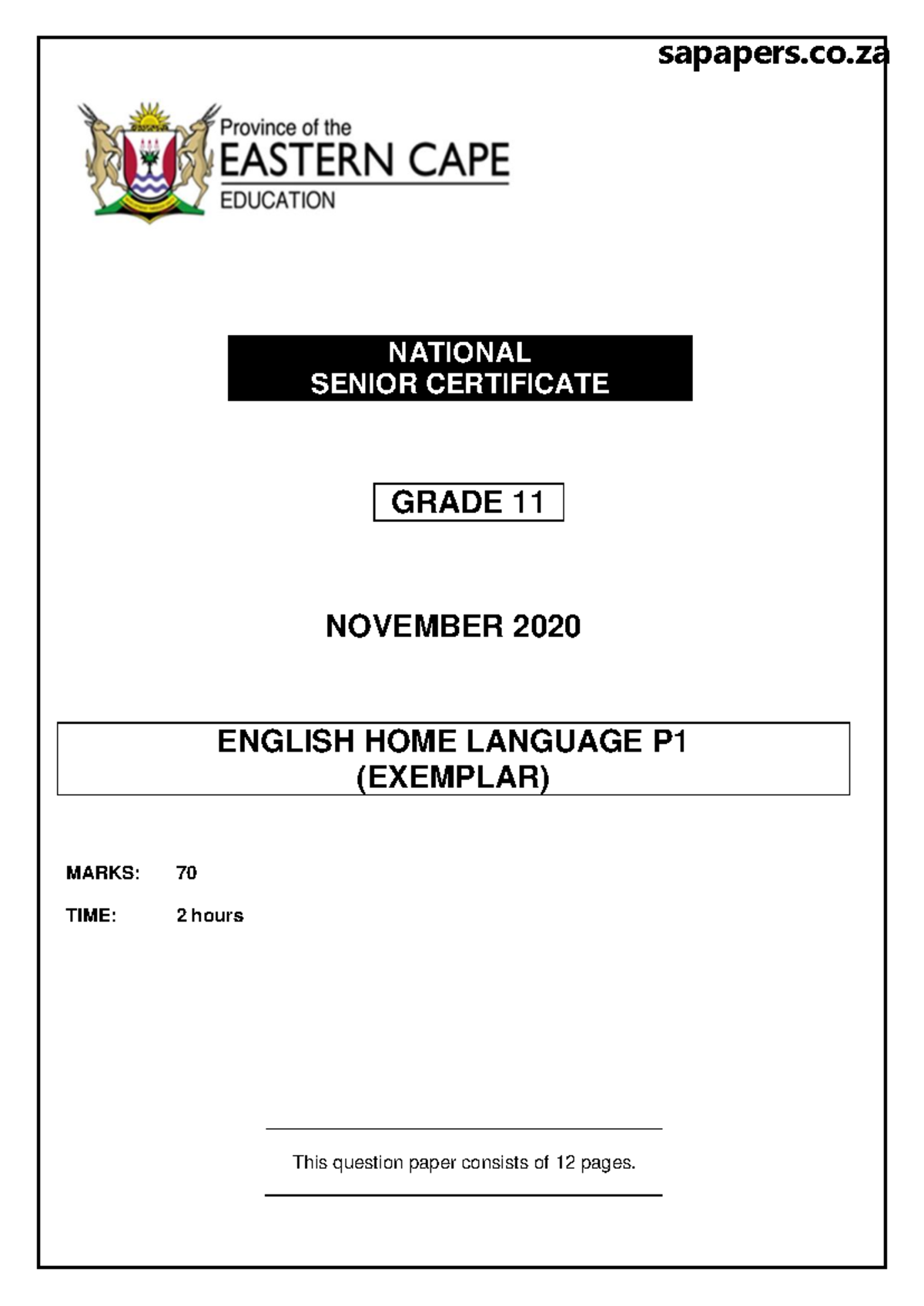 ENG.HL P1 GR11 NOV2020 - English Home Language Exam Paper - Studocu