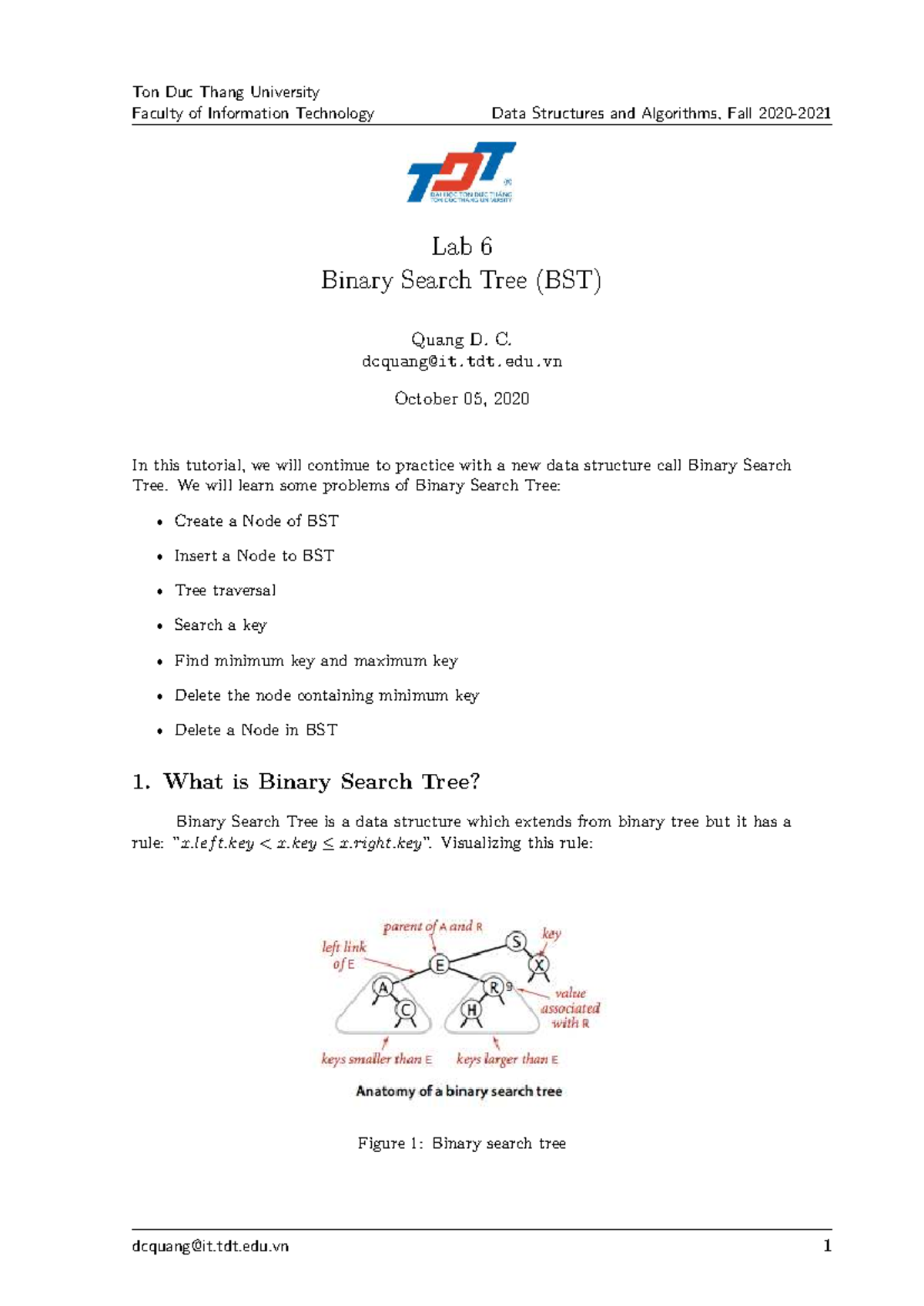 Data Structures and Algorithms (IT101) Fall Lab 6: Binary Search Tree ...