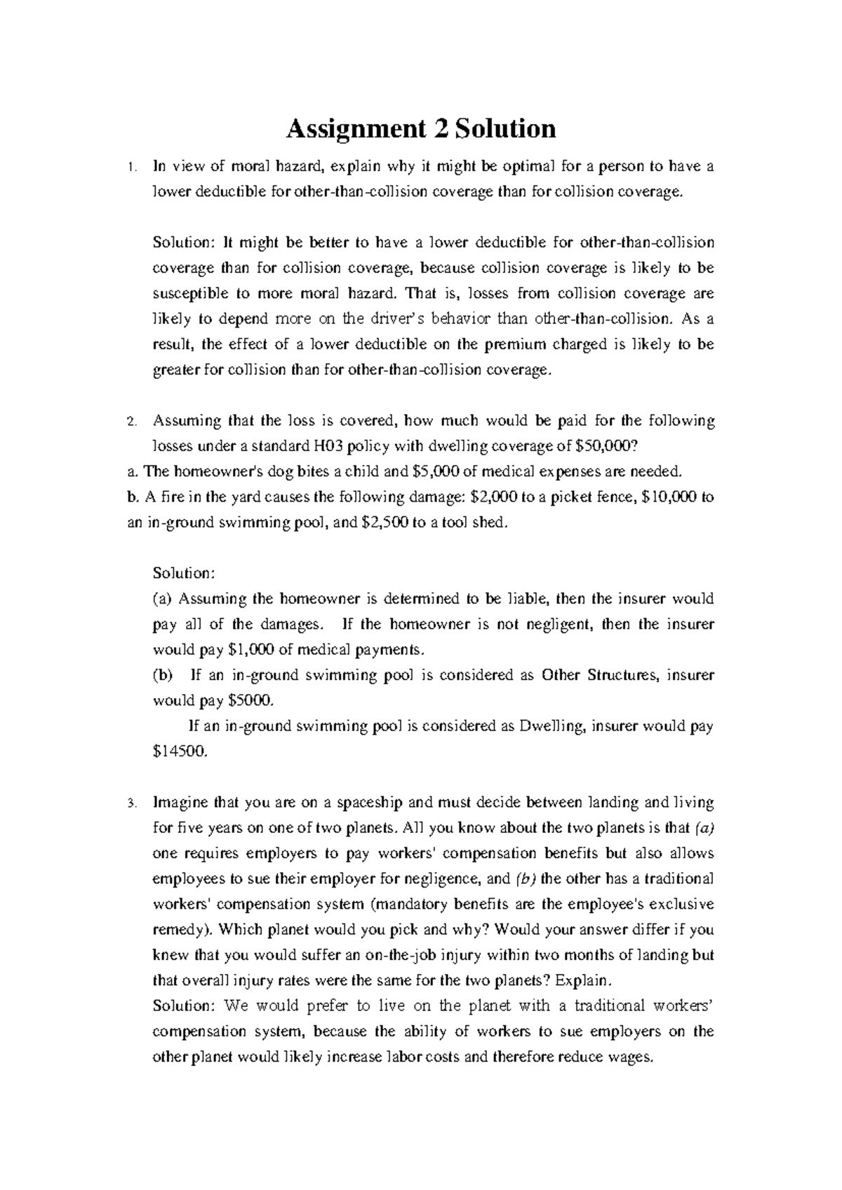 Assignment 2 Solutions: Moral Hazard & Coverage Analysis - Studocu