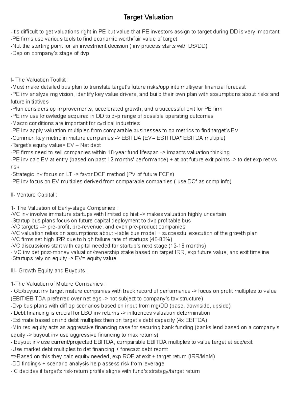 Target Valuation - Summary Mastering Private Equity - Target Valuation ...