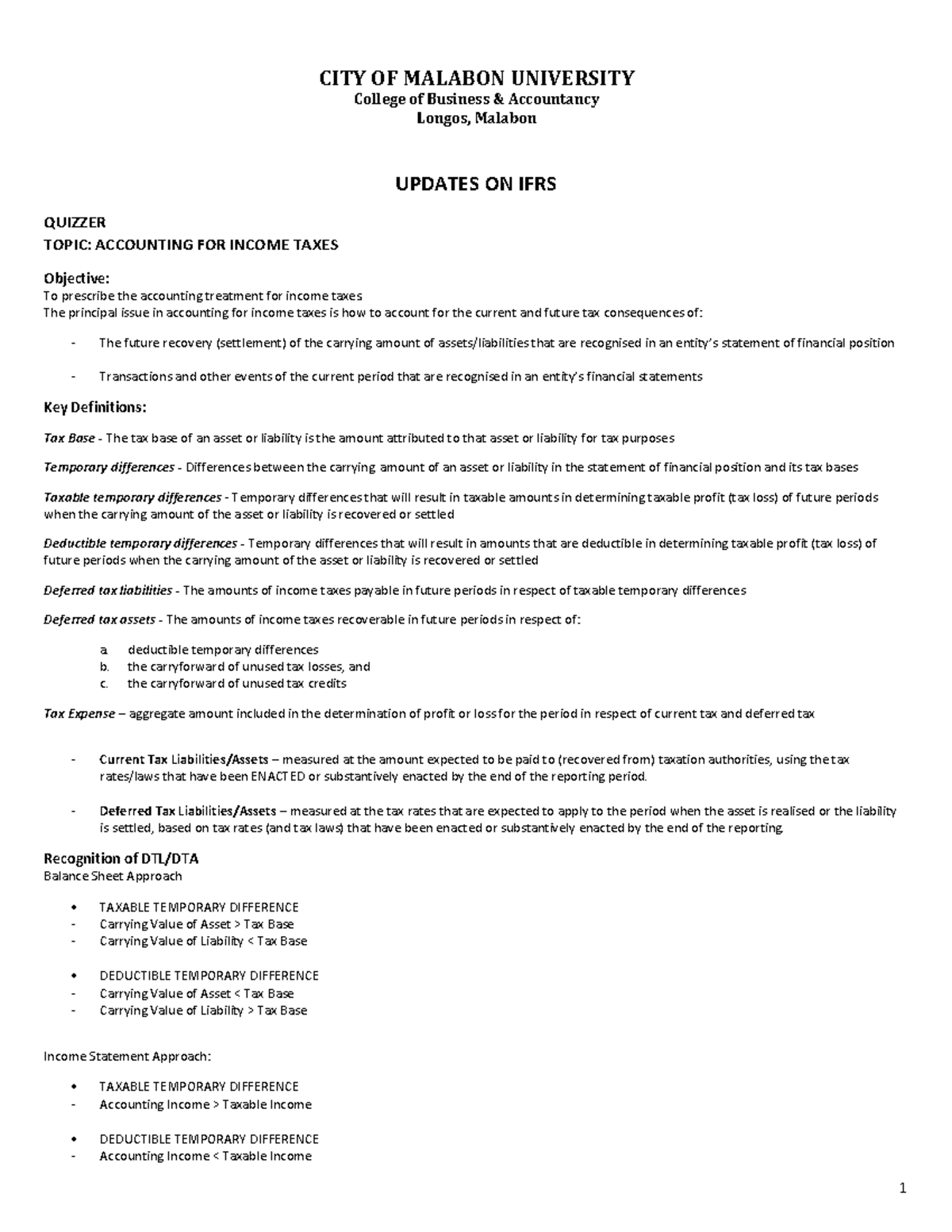 ACCOUNTING FOR INCOME TAX - QUIZ NOTES (ACCT 101) - Studocu
