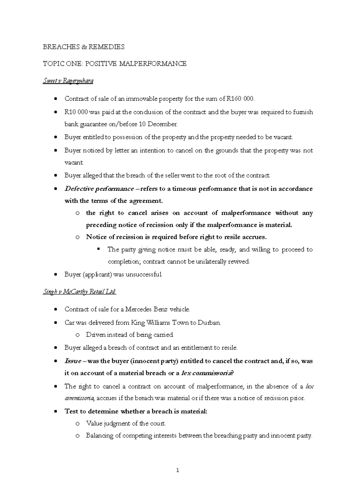 Breach of Contract Remedies: Sweet v Ragerguhara & More (LAW 101) - Studocu
