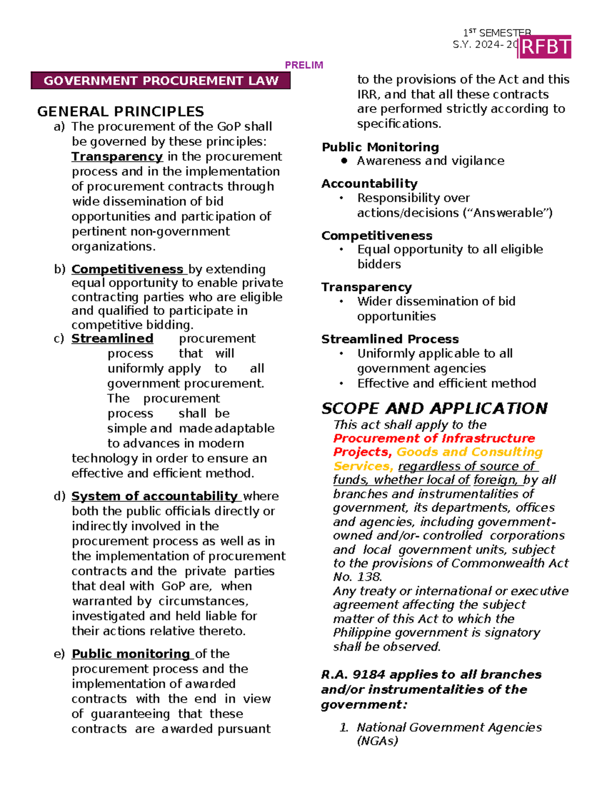 RFLI 2024-2025 Prelim Reviewer on Government Procurement Law - Studocu