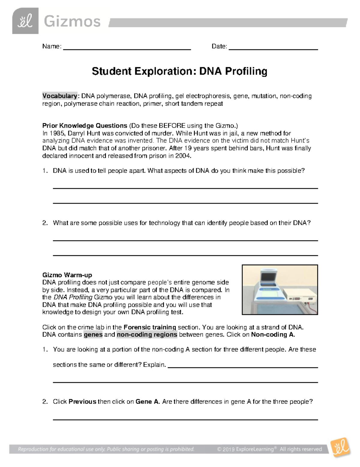 Annotated Gizmo DNA Profiling Student Exploration Document - Studocu