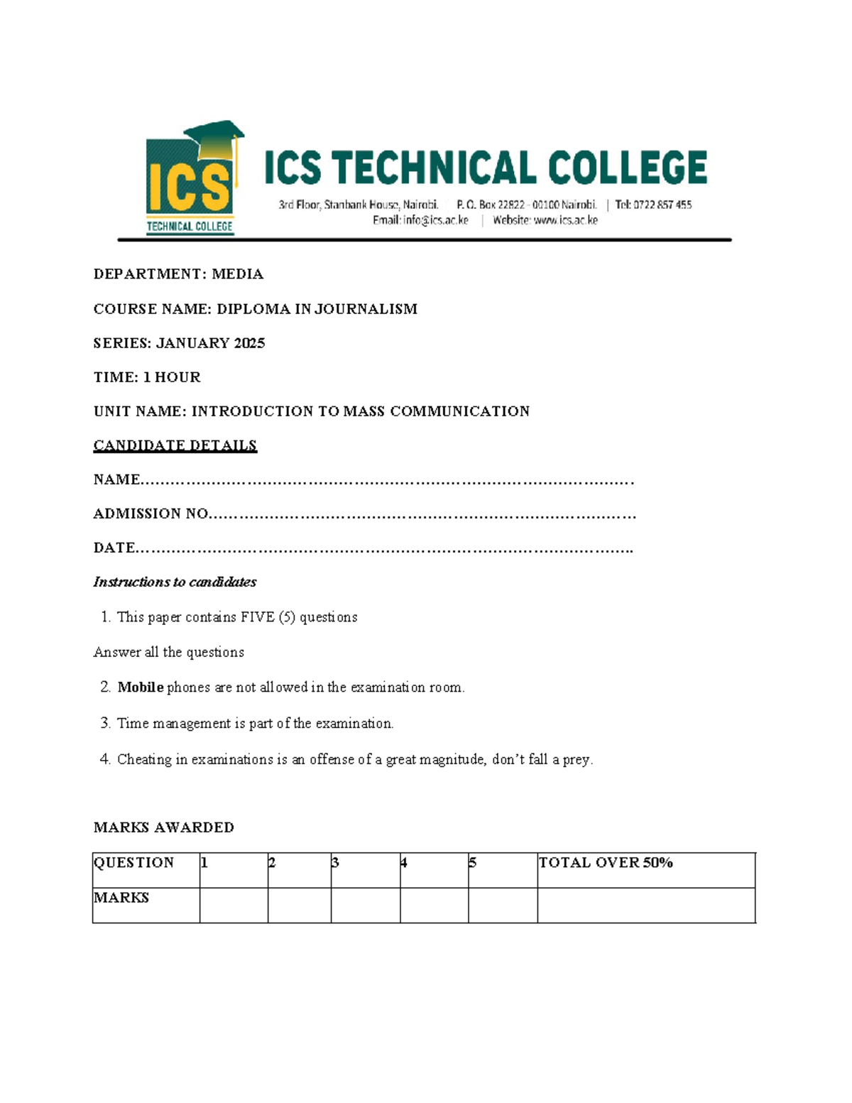 Introduction to Mass Communication - Diploma in Journalism Exam - Studocu
