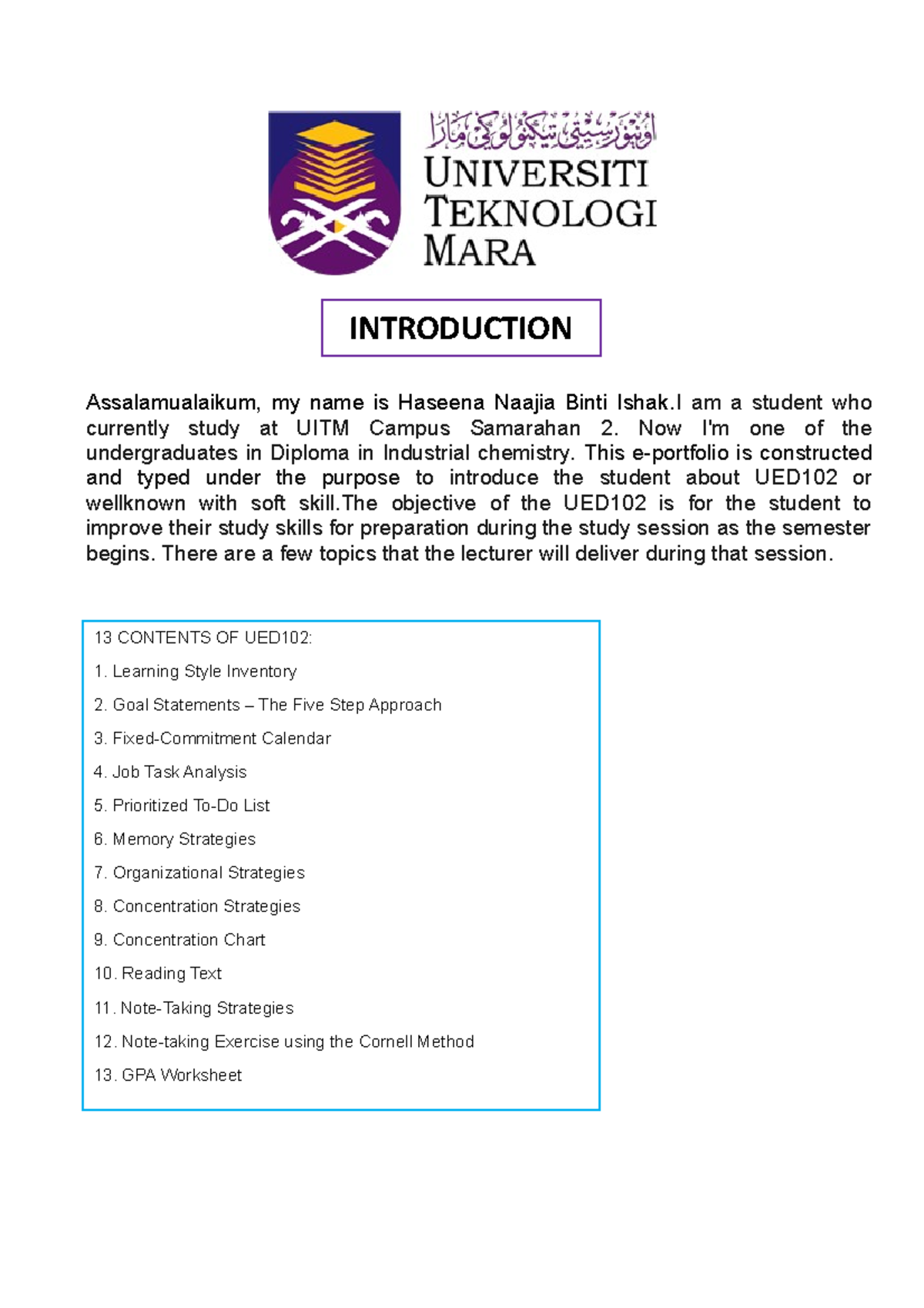 Topic 1 Learning Style Inventory - INTRODUCTION 13 CONTENTS OF UED102 ...