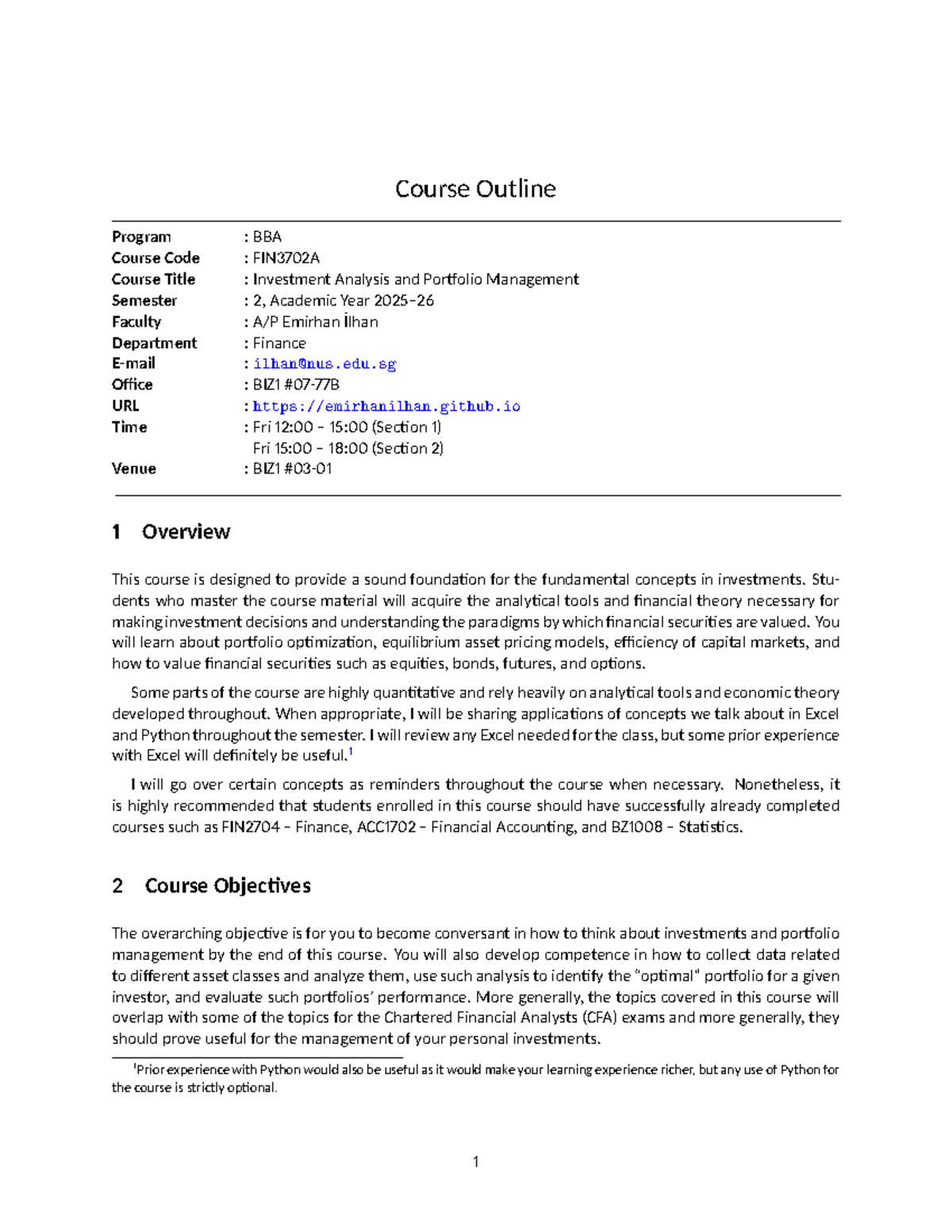 FIN3702A: Investment Analysis & Portfolio Management Course Outline ...