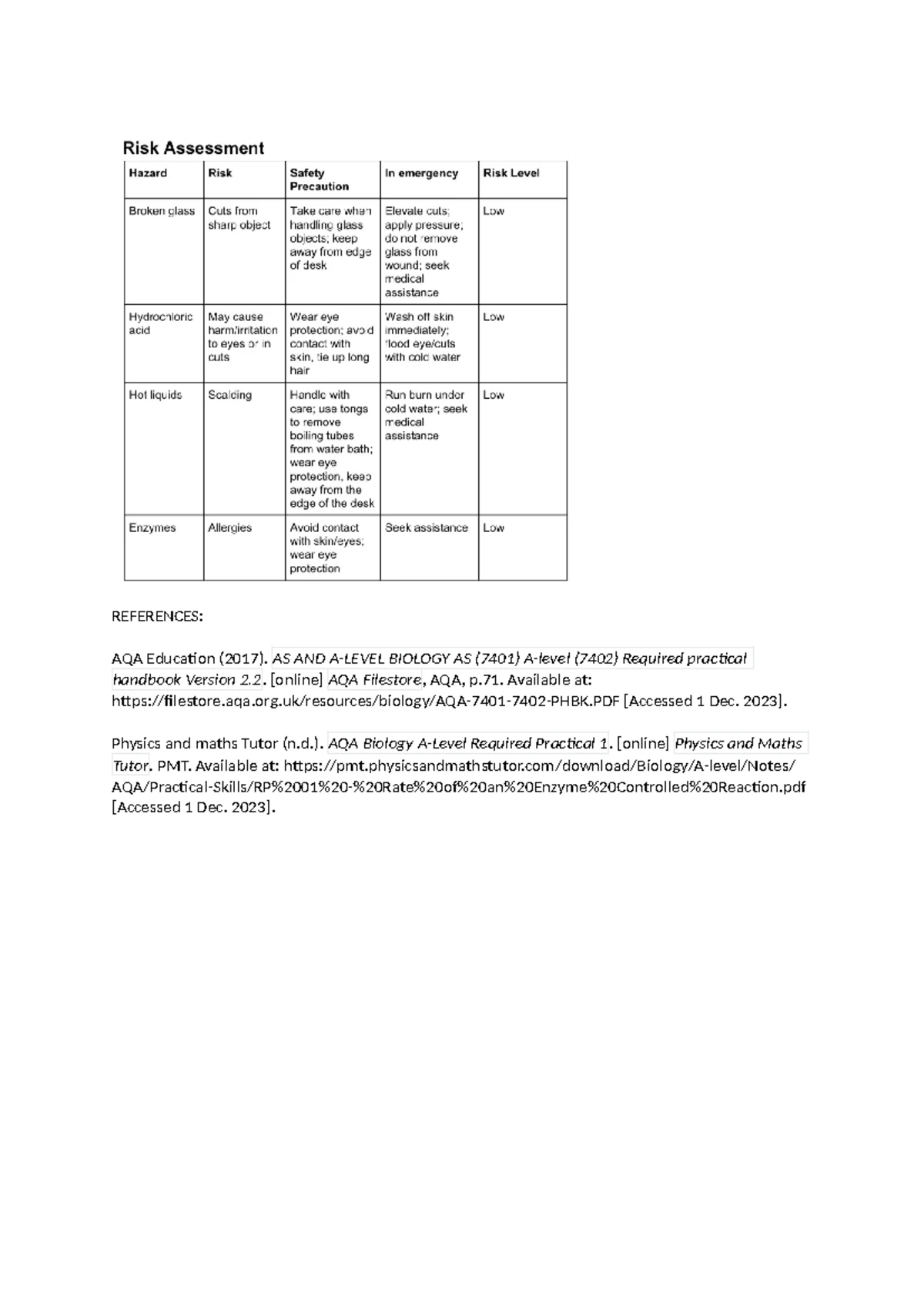 Required Practical 5: Risk Assessment for Hazardous Chemicals - Studocu