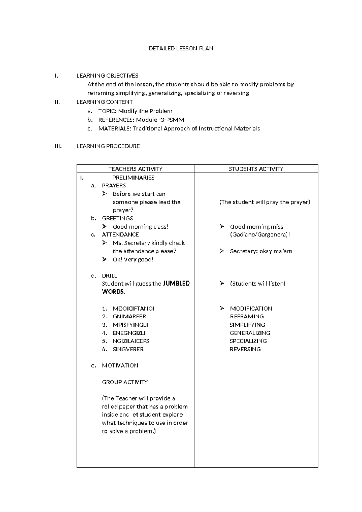 Detailed Lesson PLAN - might help - DETAILED LESSON PLAN I. LEARNING ...