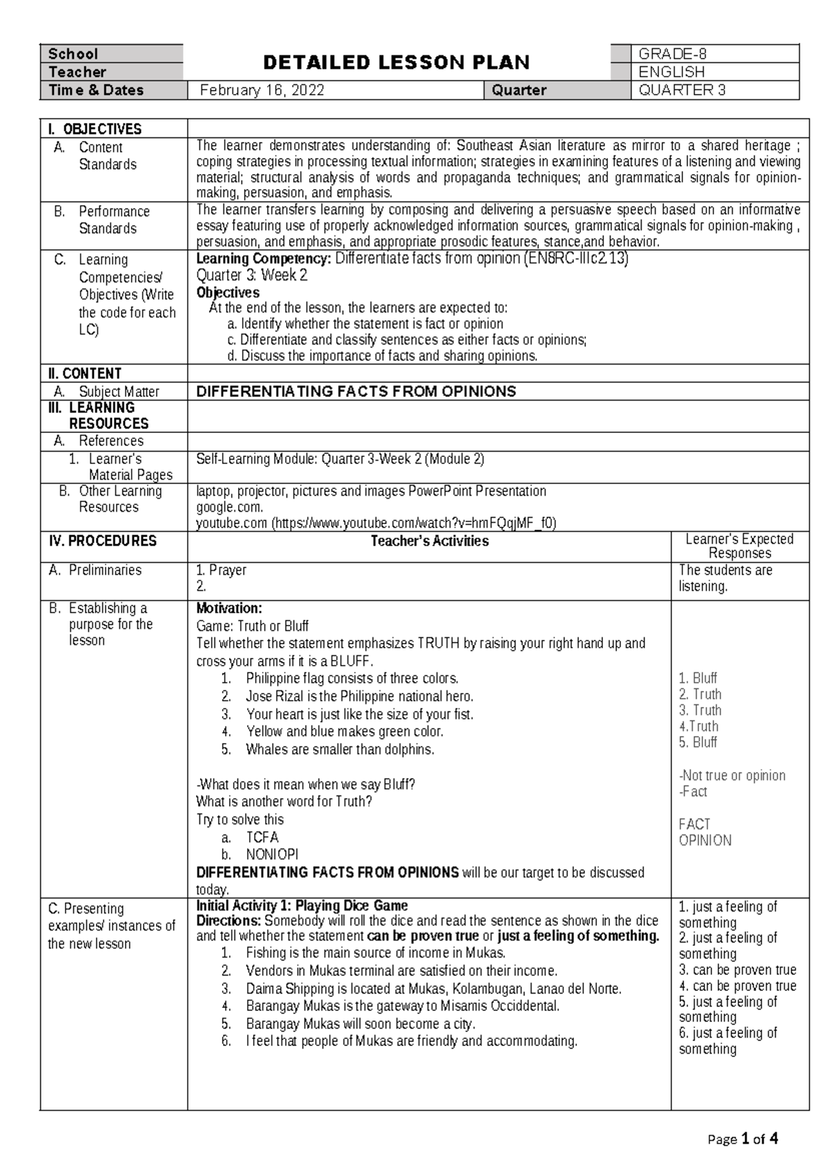 DLP-ENGLISH: Differentiating Facts from Opinions - Quarter 3 Lesson ...