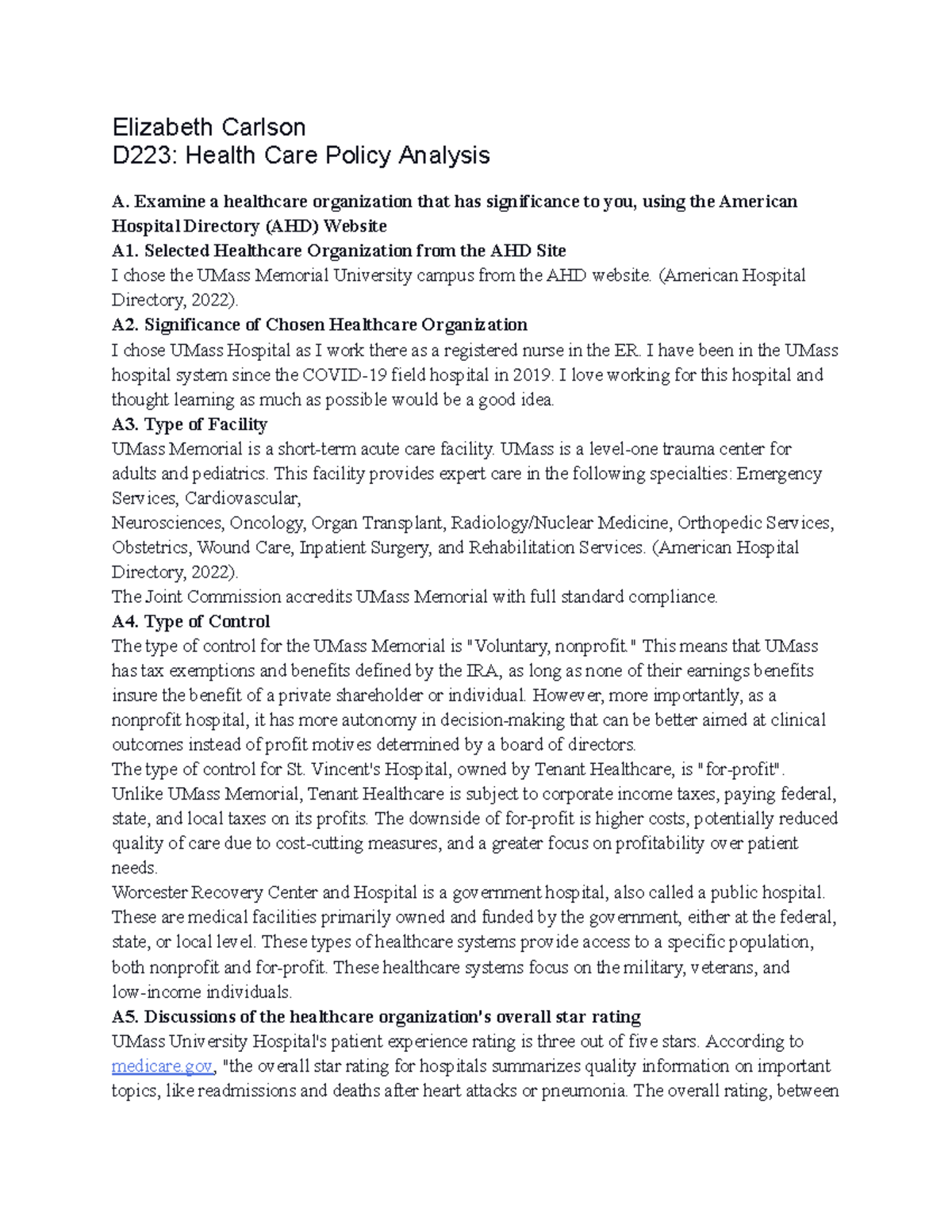 D223: Health Care Policy Analysis of UMass Memorial Hospital - Studocu