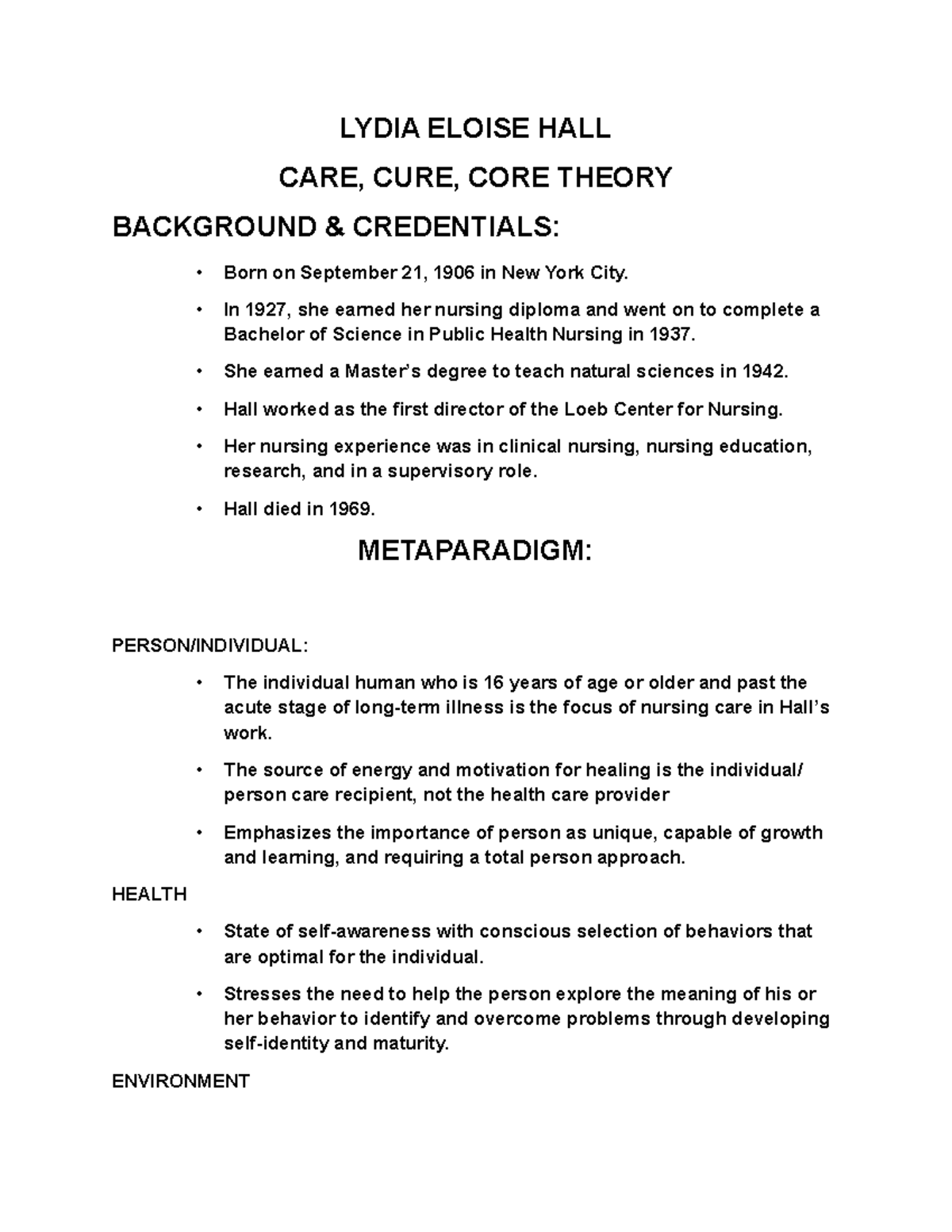 Lydia Hall's Care, Cure, and Core Theory: Nursing Insights - Studocu