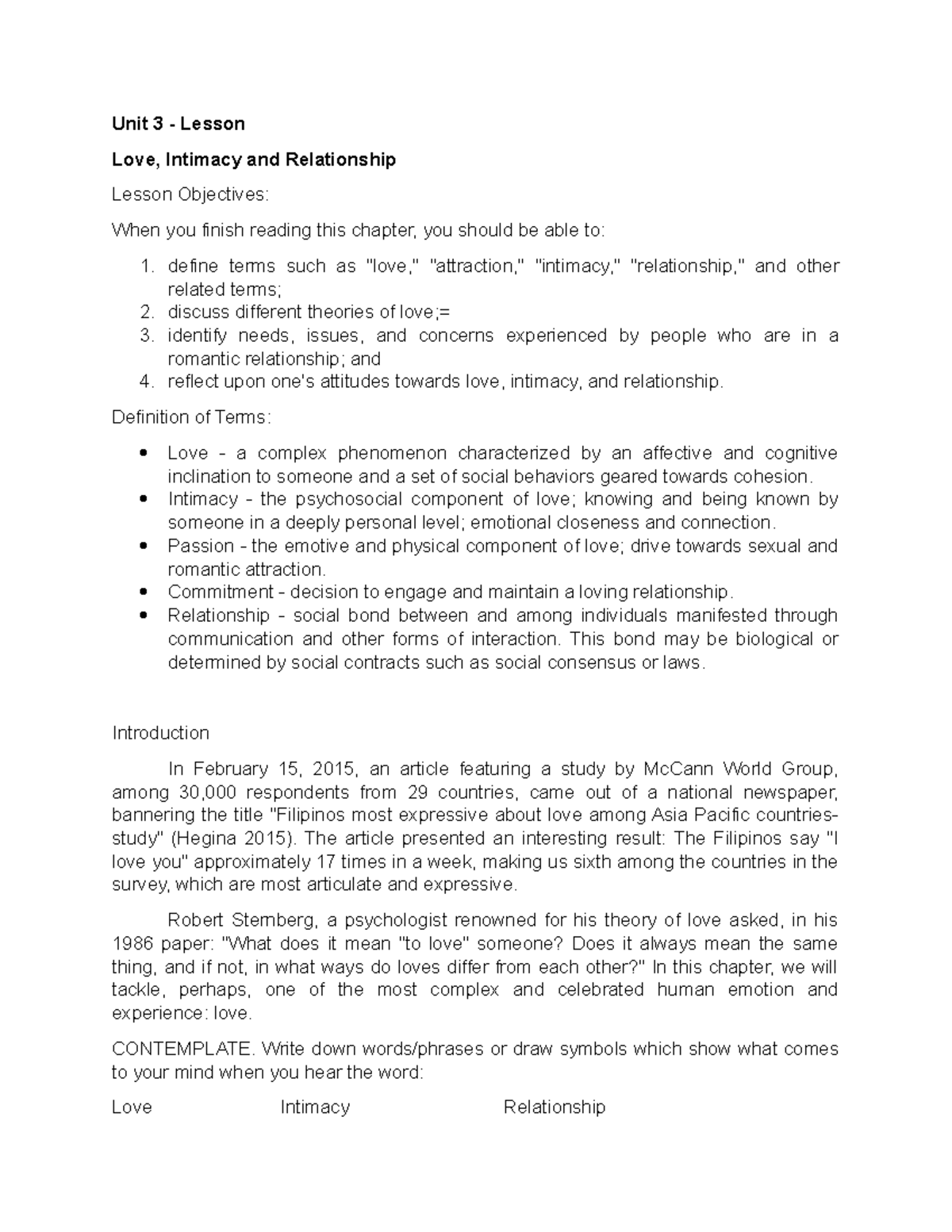 Unit 3 - Lesson on Love, Intimacy, and Relationships: Key Concepts ...