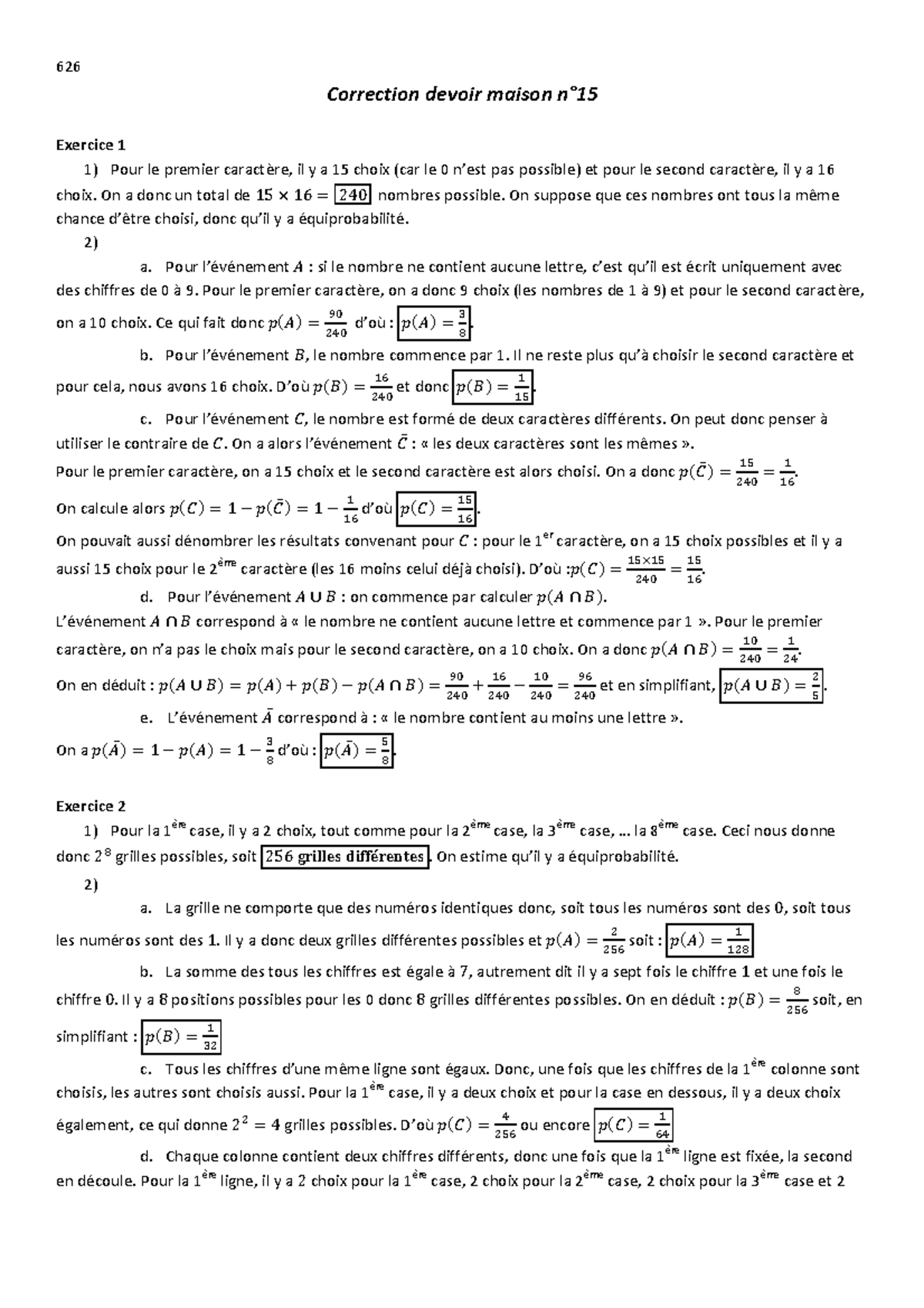 626 dm15 proba corr - exercices - 626 Correction devoir maison n° Exercice 1 1) Pour le premier ...