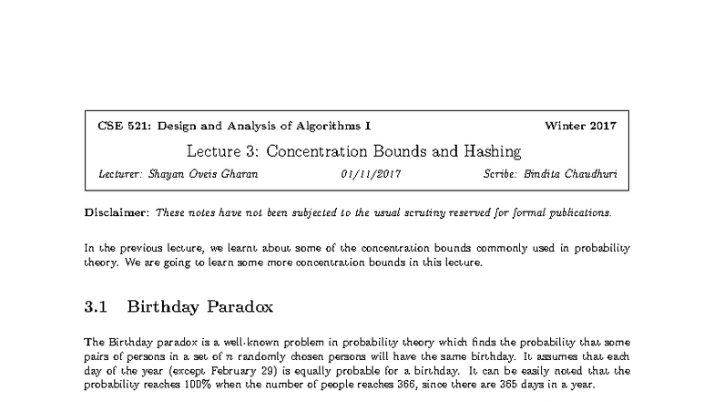 CSE 521: Lecture 3 Notes on Concentration Bounds & Hashing - Studocu