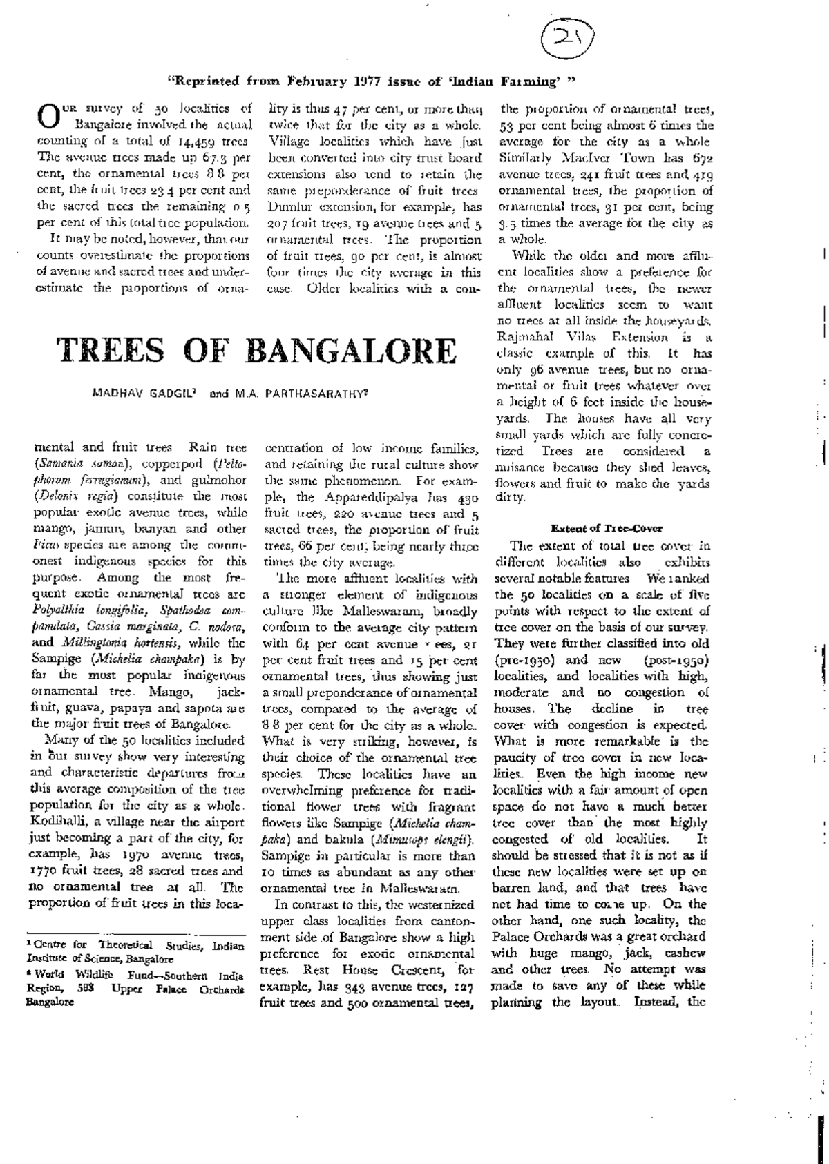 Trees of Bangalore: A Survey of Localities and Tree Cover - Studocu