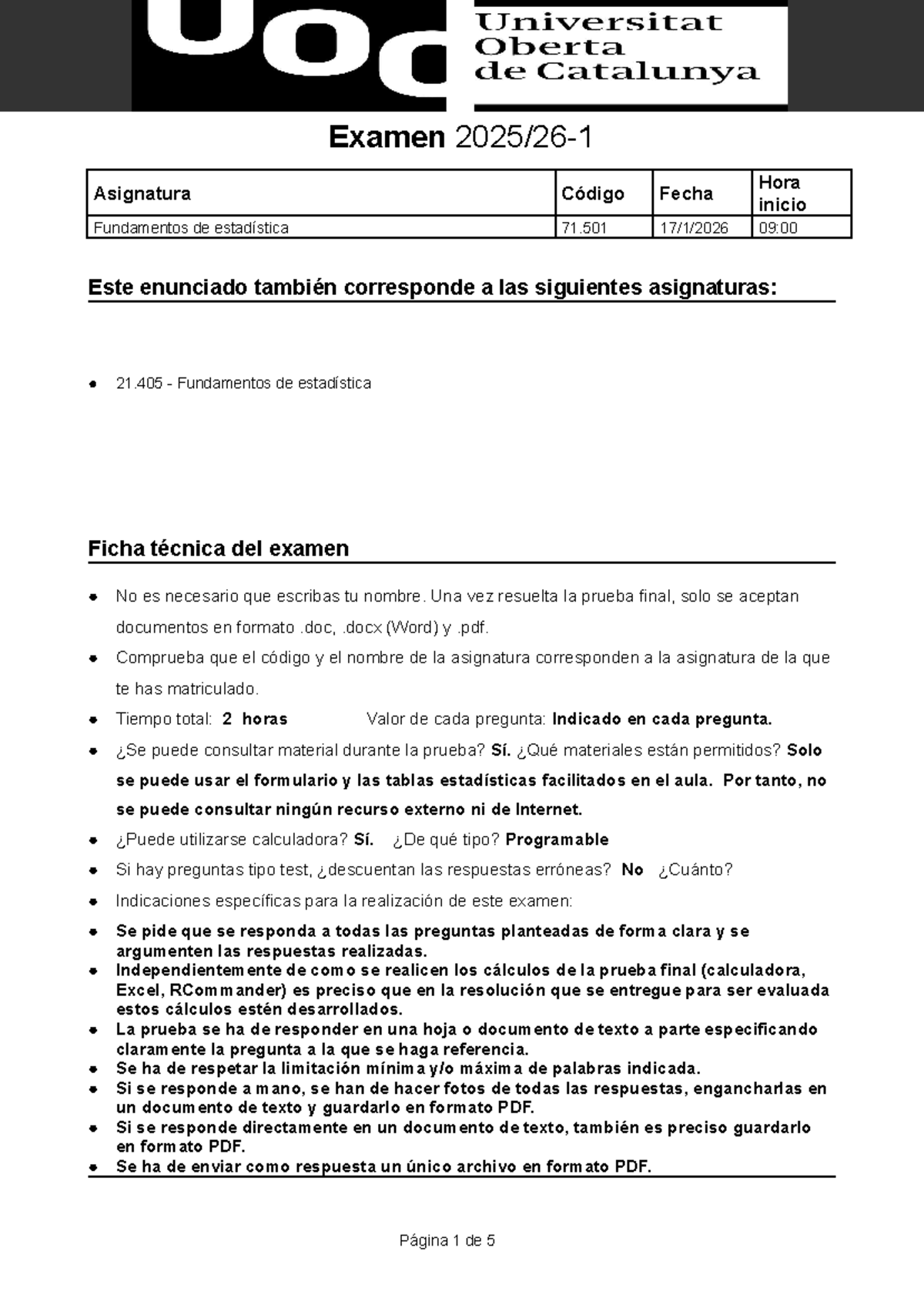 Examen Final Fundamentos de Estadística 71.501 - 2025-26 - Studocu
