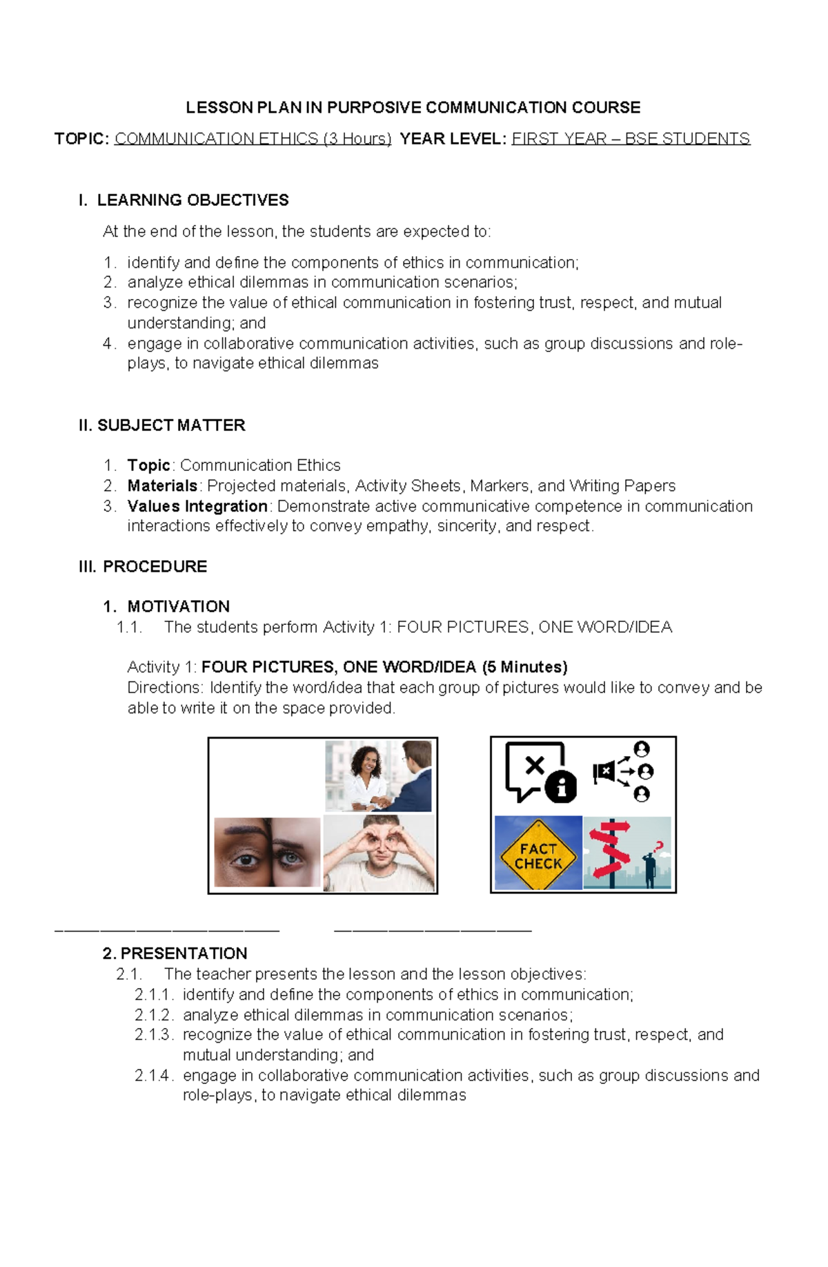 Learner-Centered Lesson Plan - LESSON PLAN IN PURPOSIVE COMMUNICATION COURSE TOPIC ...