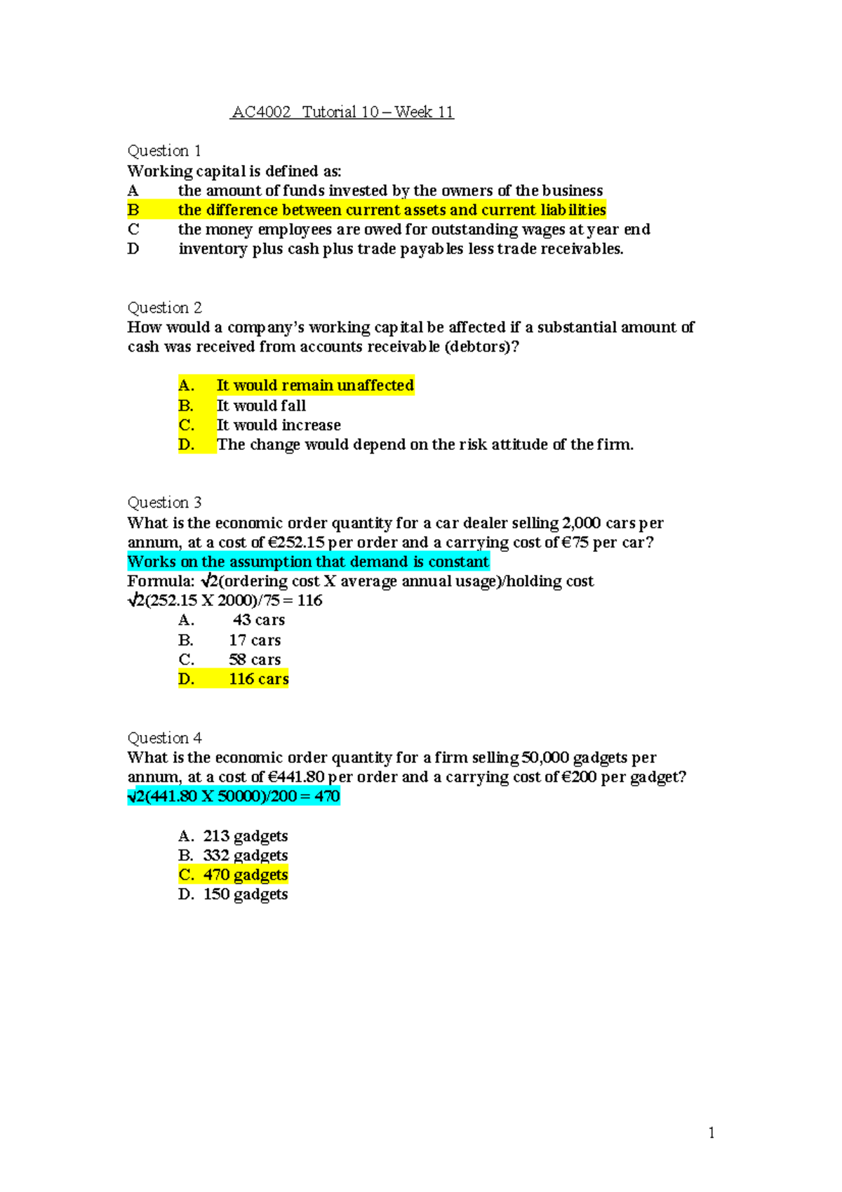 AC4002 Tutorial+10 Week+11 - AC4002 Tutorial 10 – Week 11 Question 1 ...
