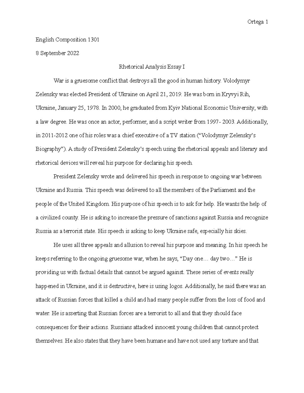 MLA Template for English Comp 1301: Rhetorical Analysis Essay I - Studocu