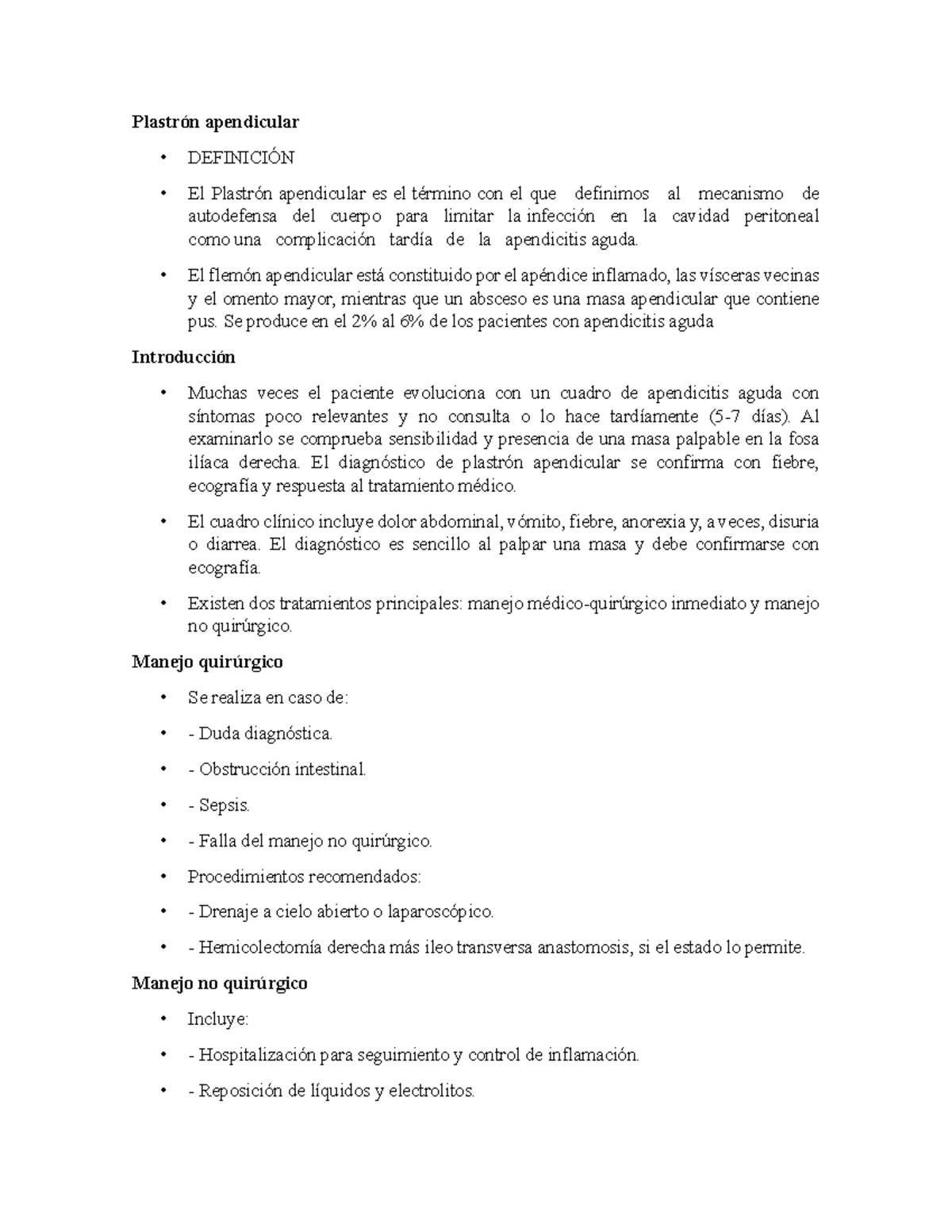 Plastrón apendicular: definición, diagnóstico y manejo clínico - Studocu