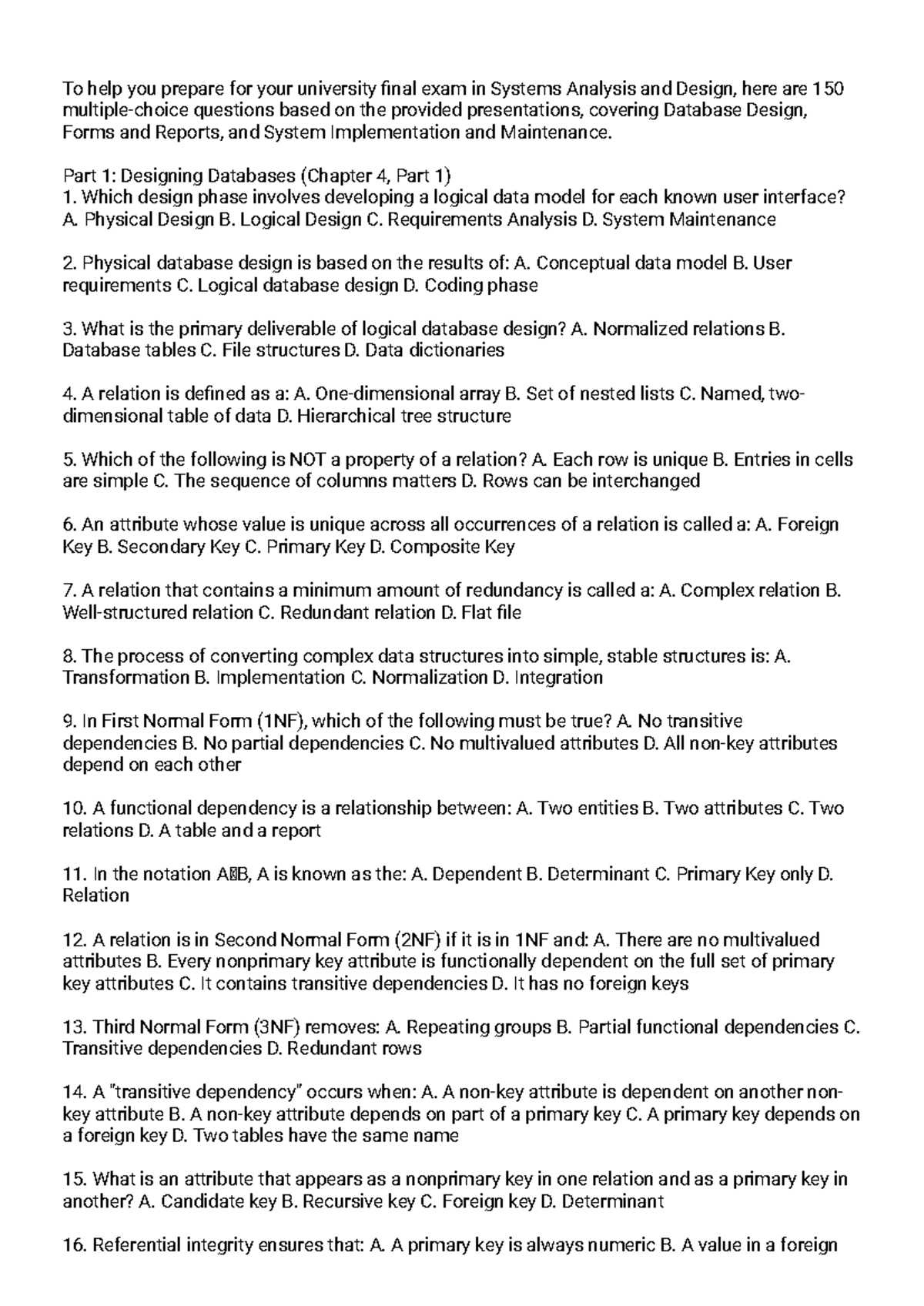 Final Exam Study Guide: SAD 4&5 Questions for Systems Analysis and ...