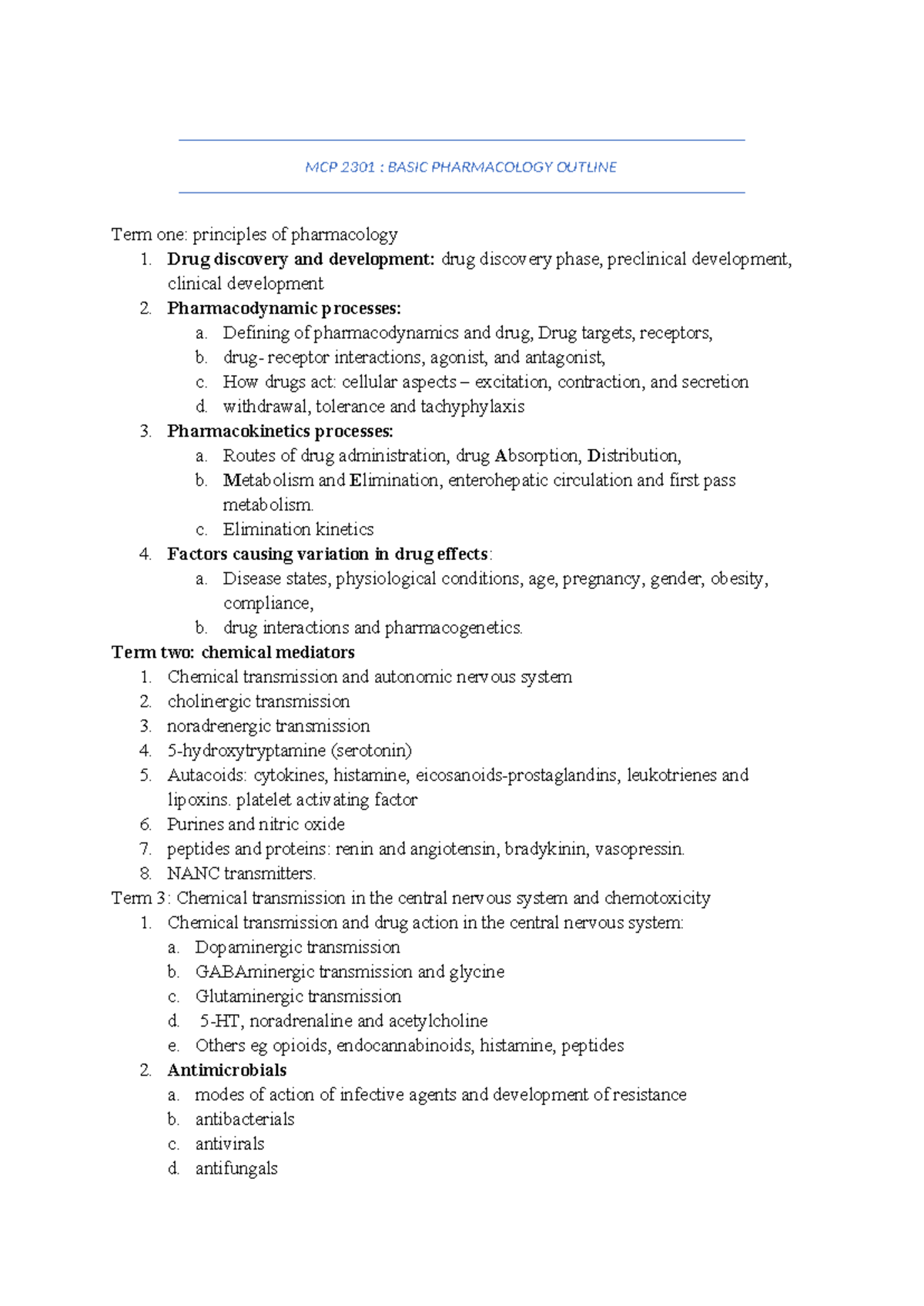 MCP 2301: Basic Pharmacology Outline for Term 1-3 - Studocu