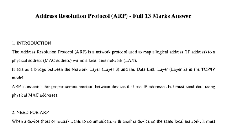 ARP Protocol Overview and Detailed 13 Marks Answer - Studocu