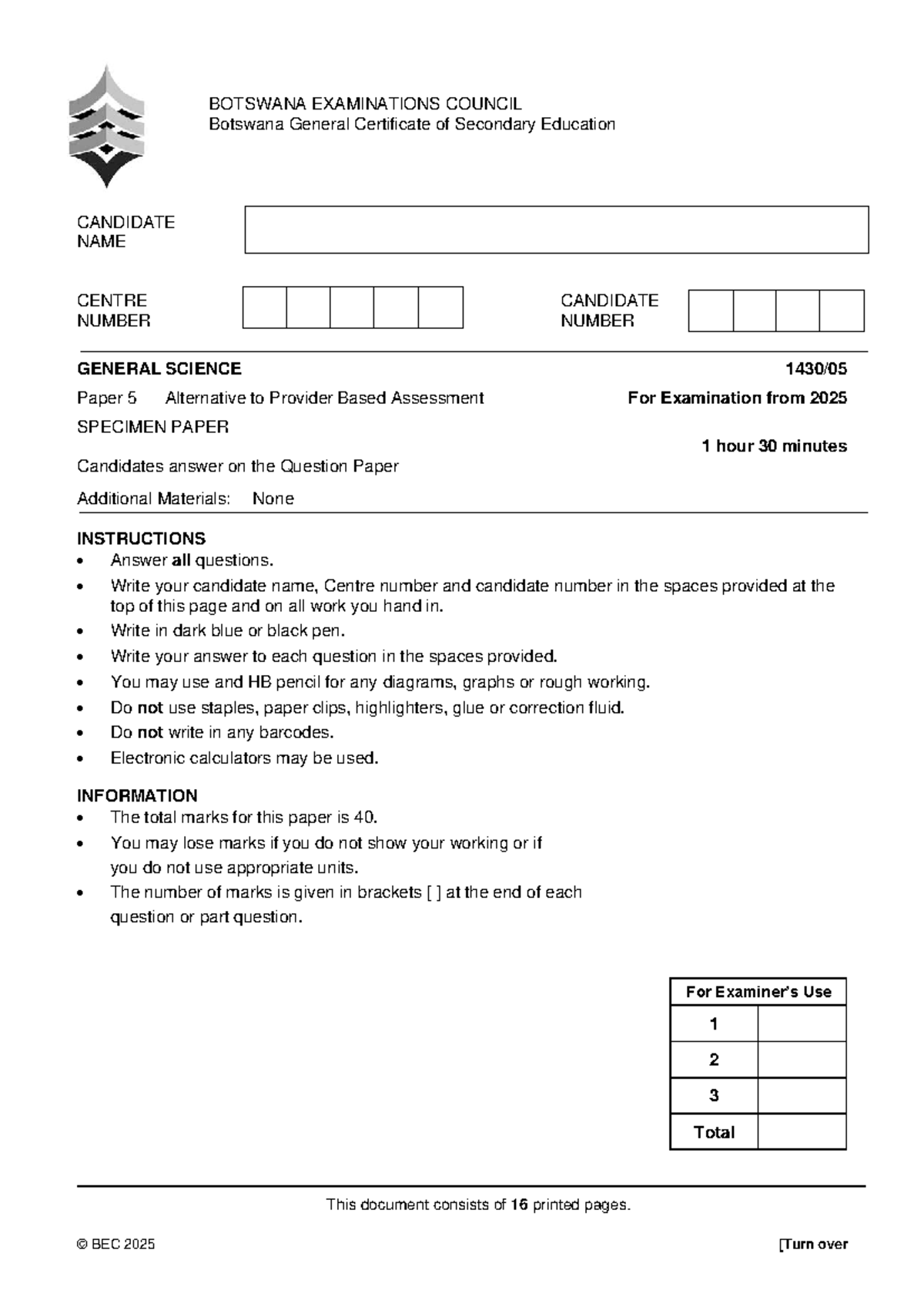 BEC 2025 General Science Specimen Paper 5 Exam Guide - Studocu