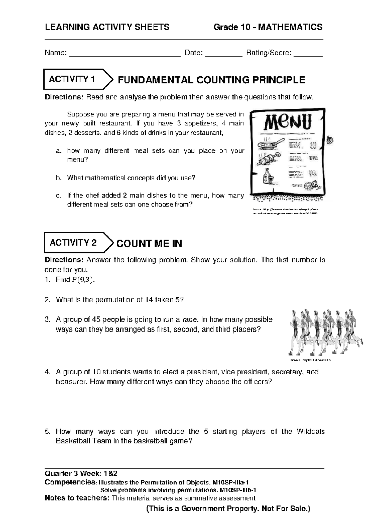 Math 10 LAS: Fundamental Counting Principle & Permutations Activities ...