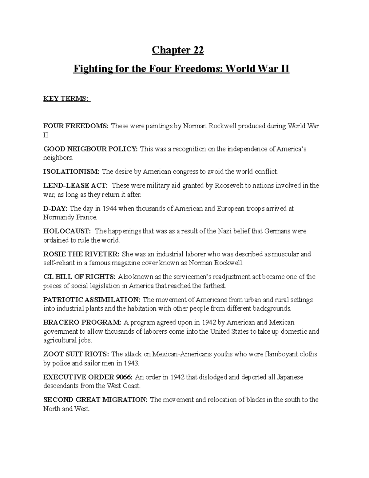 Chapter 22 - Fighting for the Four Freedoms: WWII (Key Terms) - Studocu
