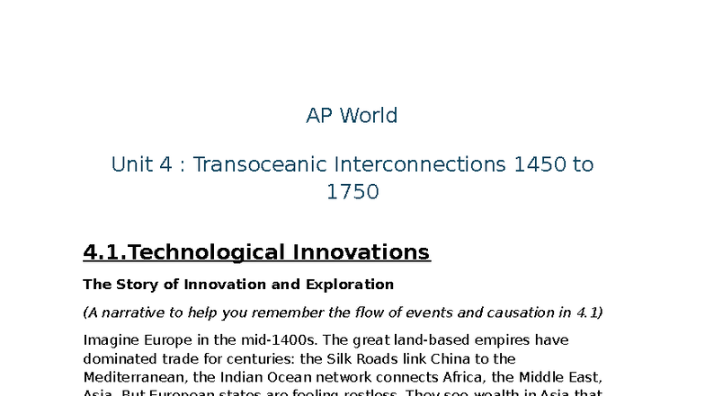 AP World Unit 4: Transoceanic Interconnections (1450-1750) Notes - Studocu