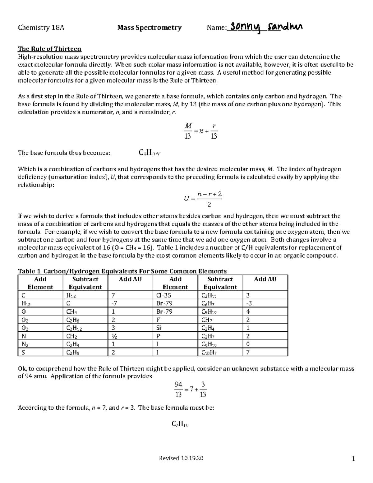 Mass Spectrometry Rule of Thirteen Worksheet - Orton Fall - Studocu