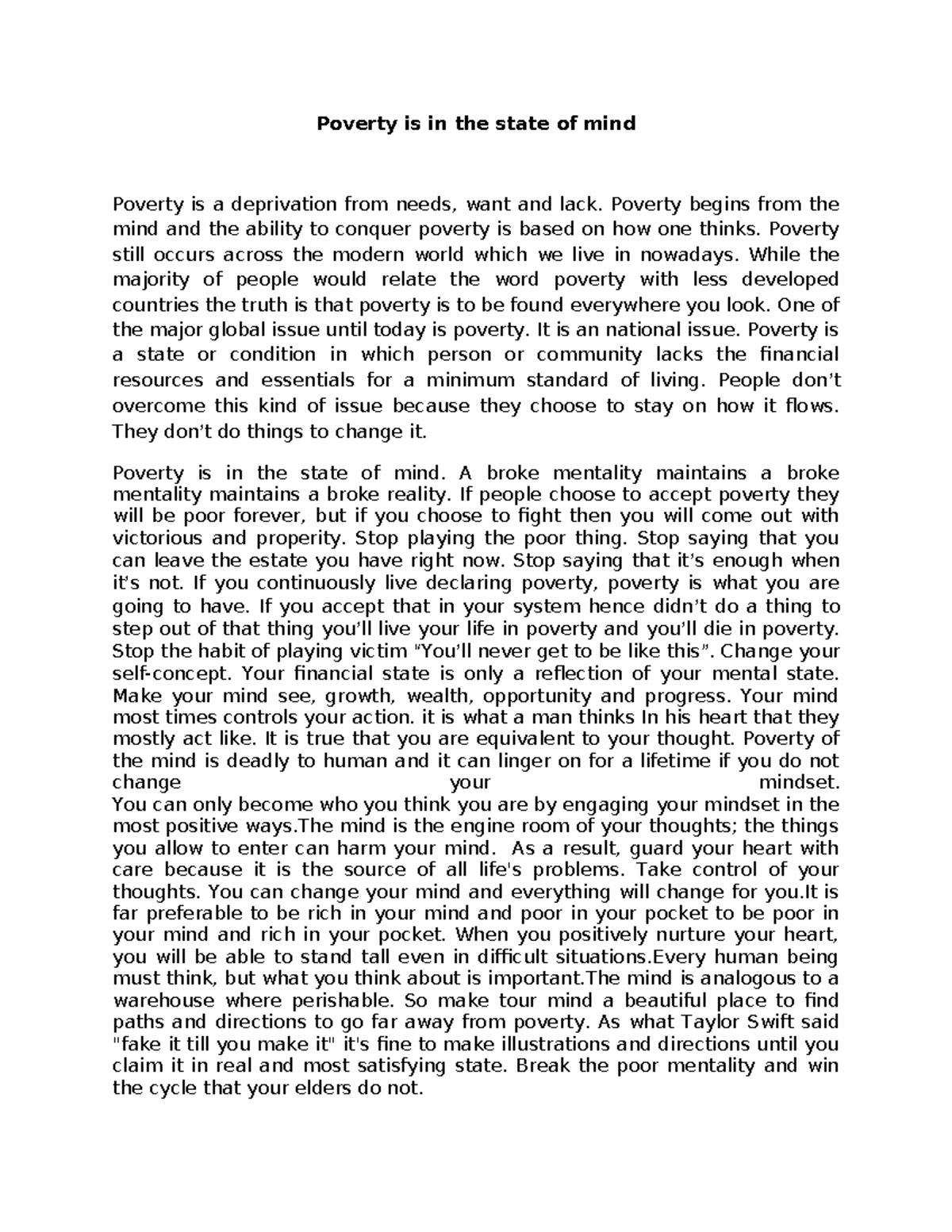 Position paper - Poverty is in the state of mind Poverty is a ...