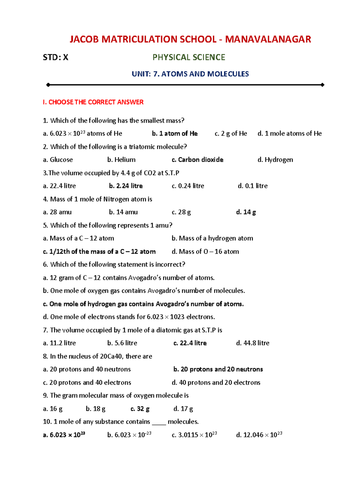 JACOB MATRICULATION SCHOOL STD: X PHYSICAL SCIENCE UNIT 7: ATOMS ...