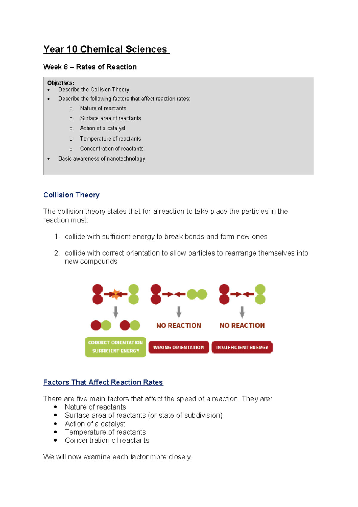 Year 10 Chem Sci: Week 8 - Rates of Reaction & Collision Theory - Studocu