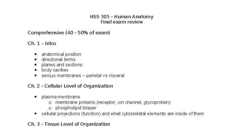 HSS 305 Human Anatomy Final Exam Review: Comprehensive Study Guide ...