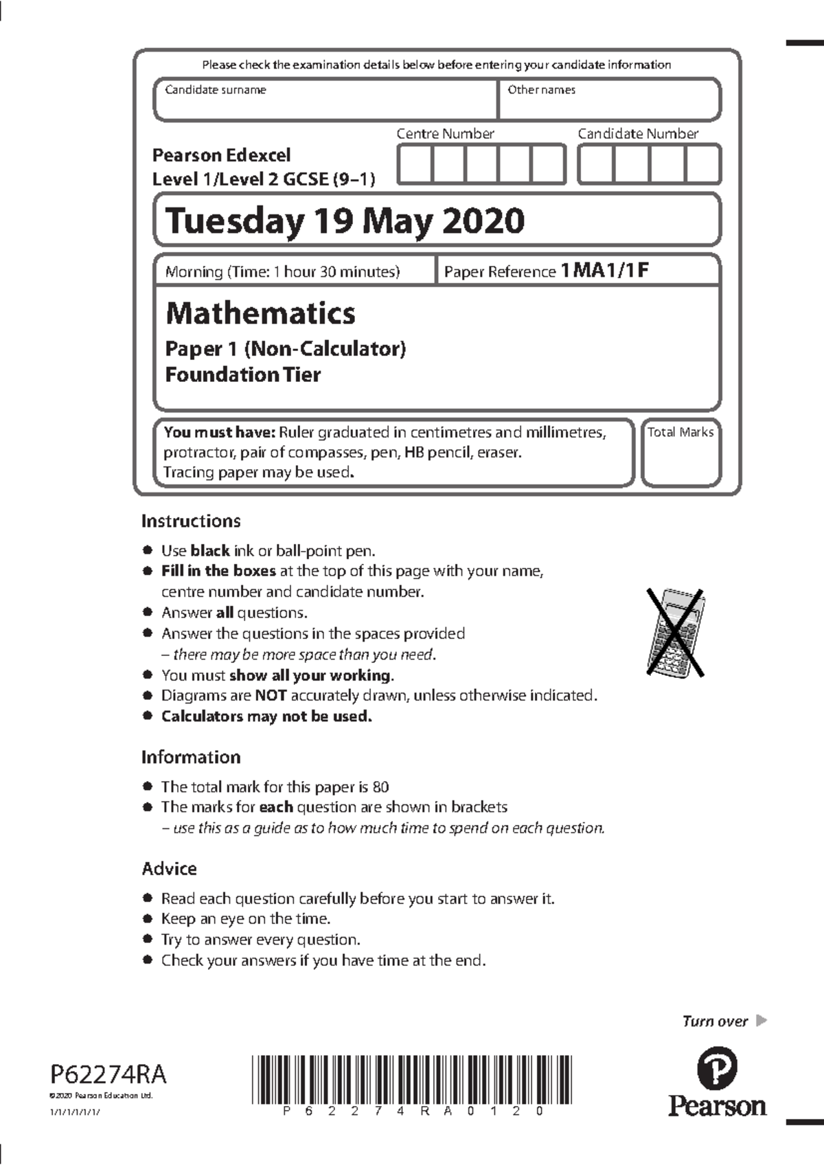 GCSE Maths Foundation Nov 2020 Paper 1 Answer Sheet (1MA1/1F) - Studocu