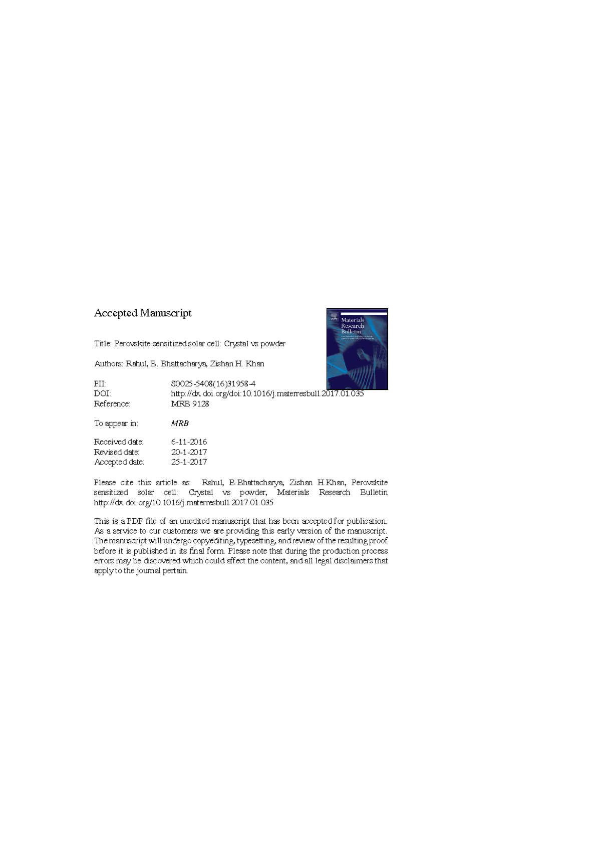 Effect of CH3NH3I Crystal vs Powder on PSSC Performance (MRB 9128 ...