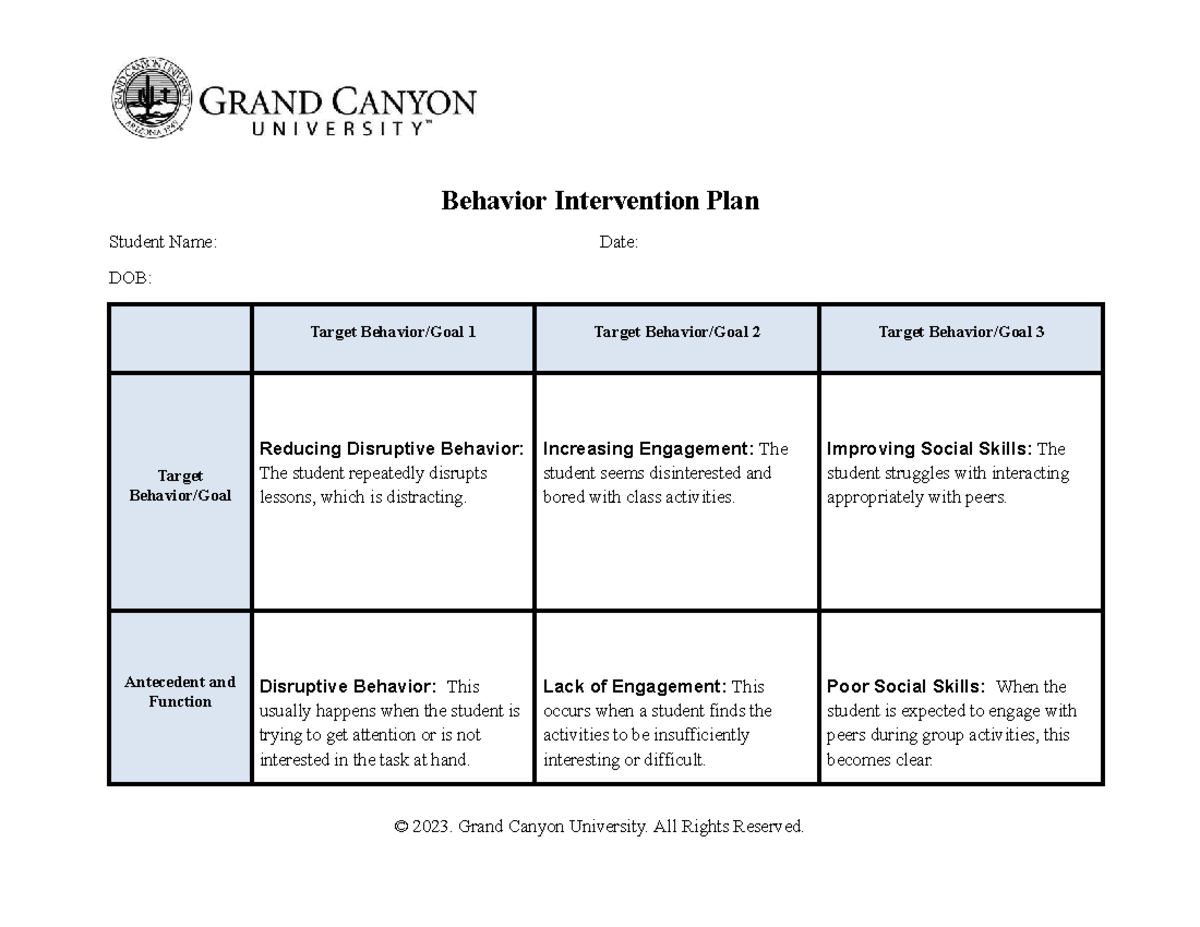 ECS 320 T6 Behavior Intervention Plan Template - Strategies & Goals ...